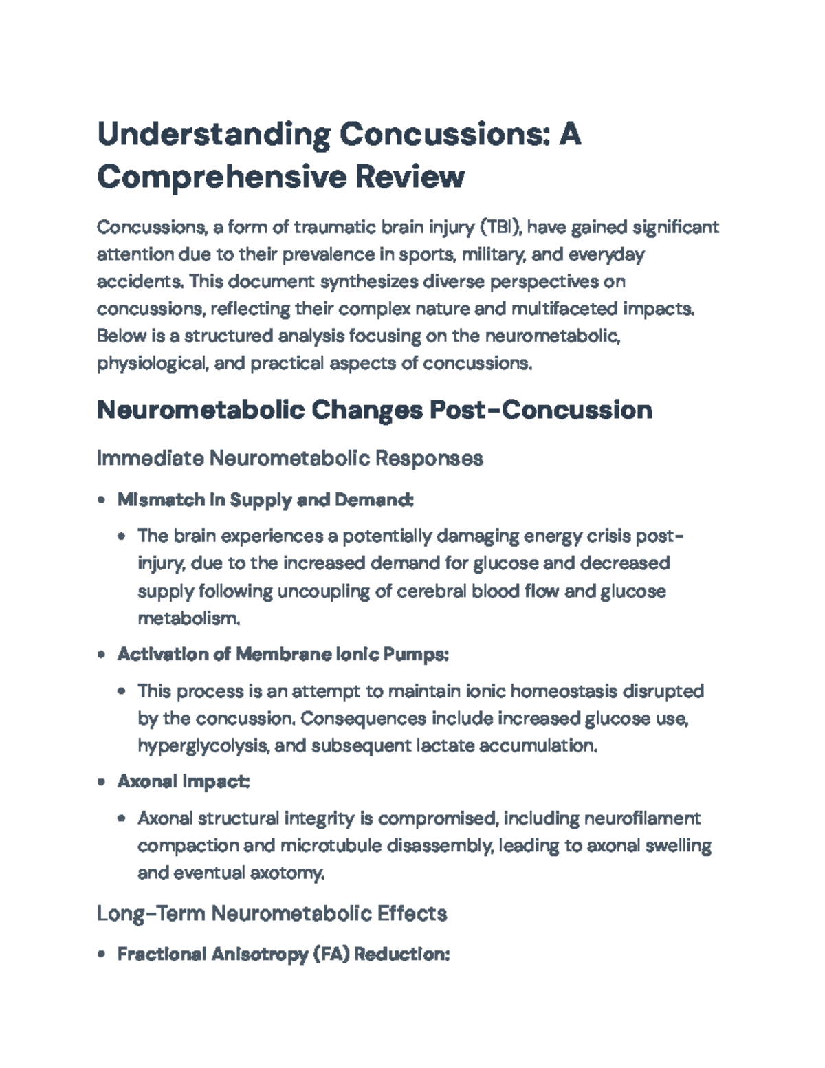Comprehensive Review of Concussions: Neurometabolic and Practical ...