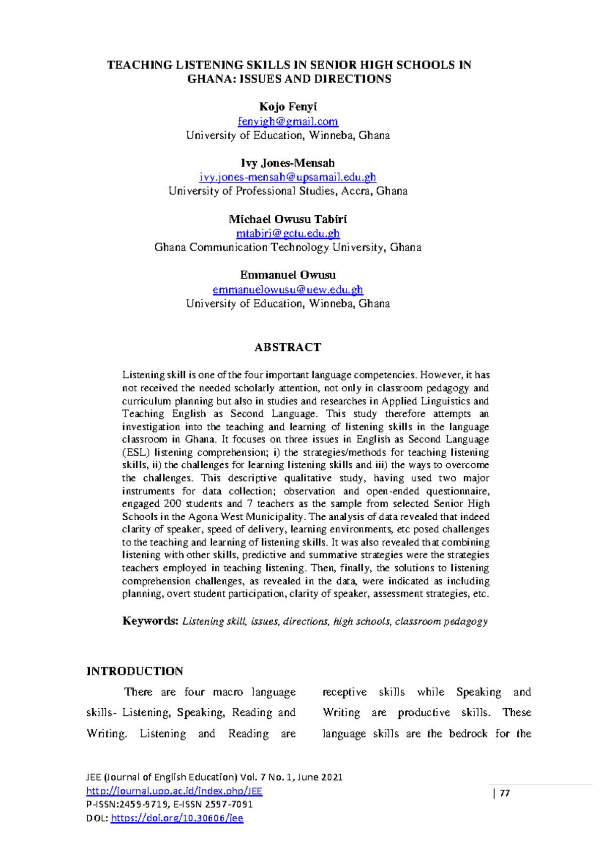 Listeninggggggggg - JEE (Journal of English Education) Vol. 7 No. 1 ...