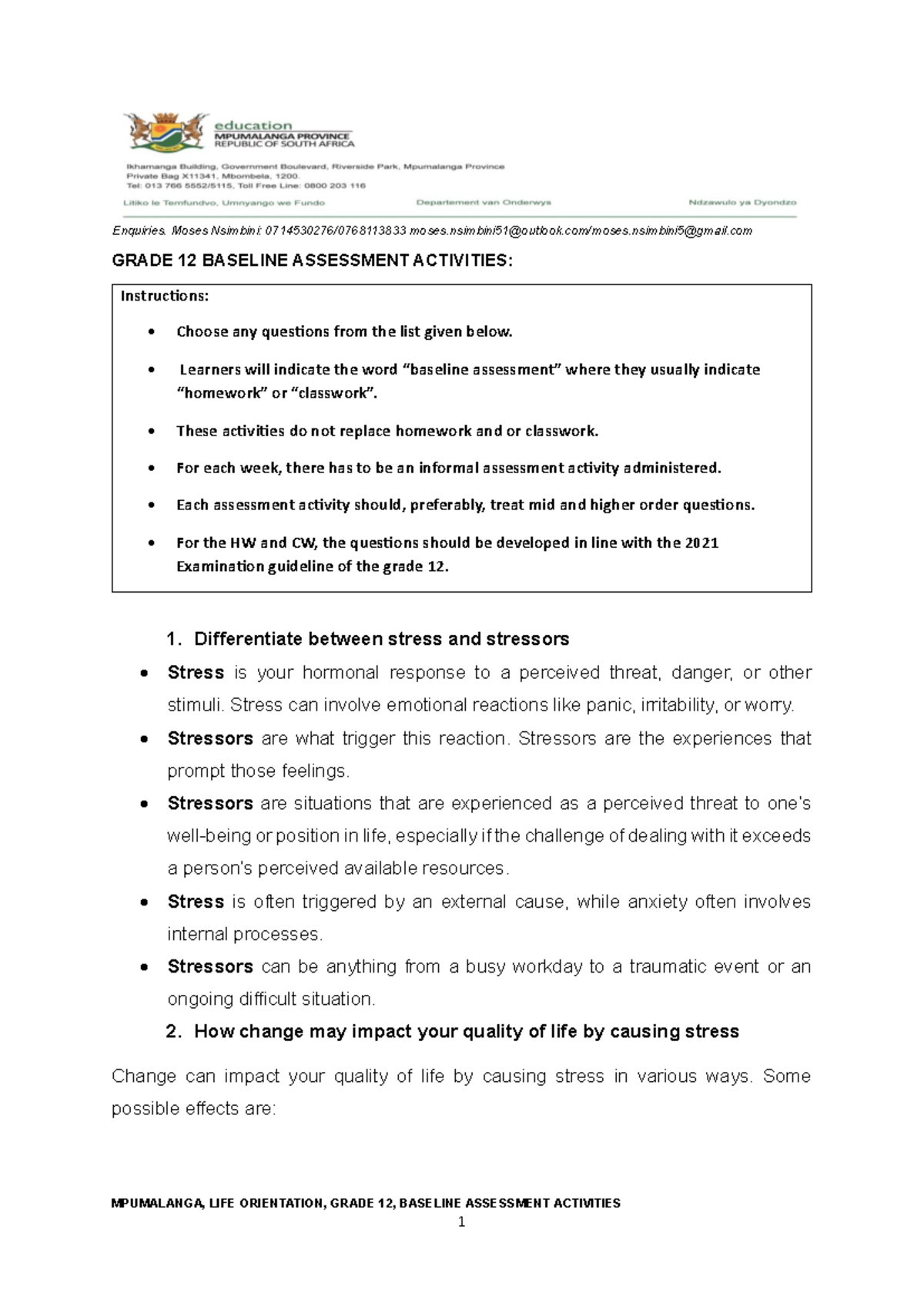 Grade 12 Life Orientation: Baseline Assessment Activities 2024 - Studocu