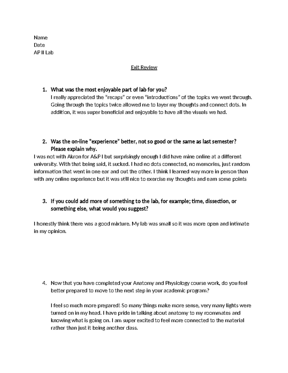 AP II Lab Exit Review: Reflections and Insights - Studocu