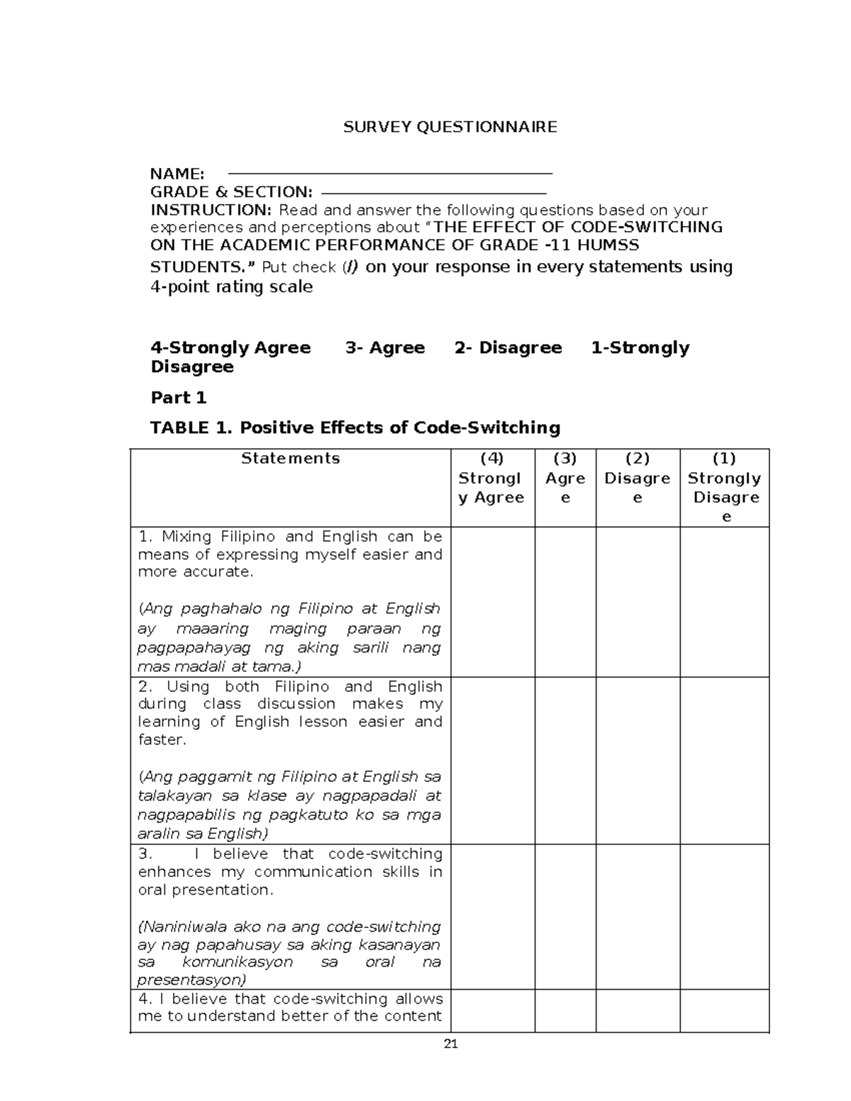 Survey Questionnaire on Code-Switching Impact - Grade 11 HUMSS - Studocu