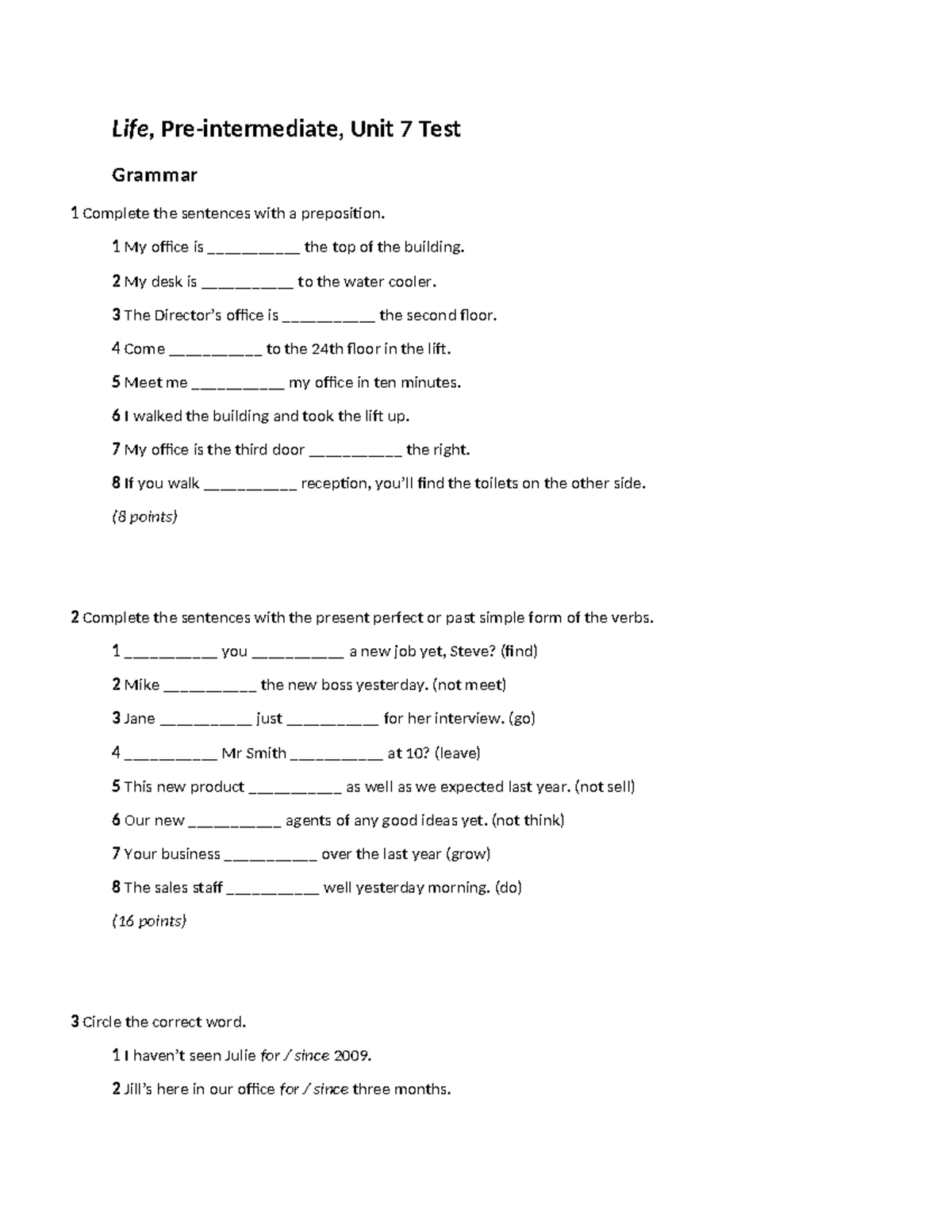 Life Pre-Int Unit 7 Test: Grammar, Vocabulary & Writing Exercises - Studocu