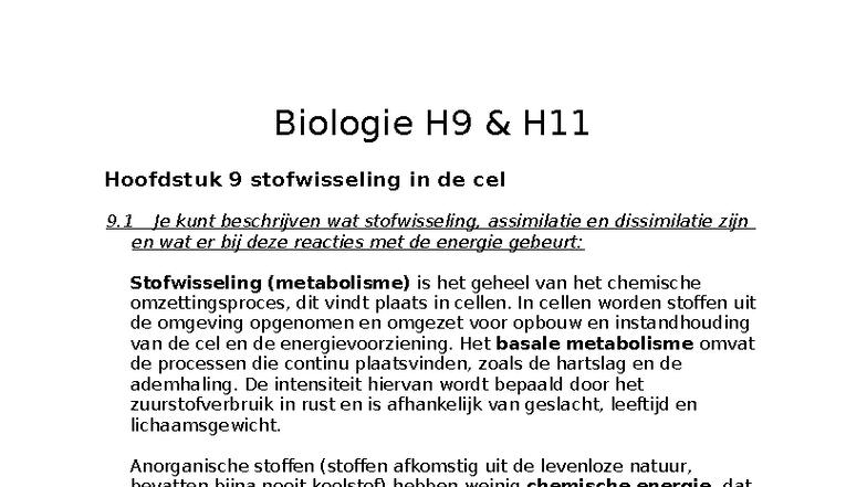 Biologie Samenvatting H9 & H11: Stofwisseling en Enzymen - Studeersnel