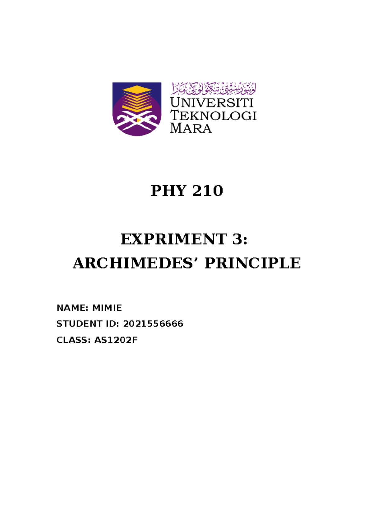 PHY210 Lab Report: Experiment 3 on Archimedes’ Principle Analysis - Studocu