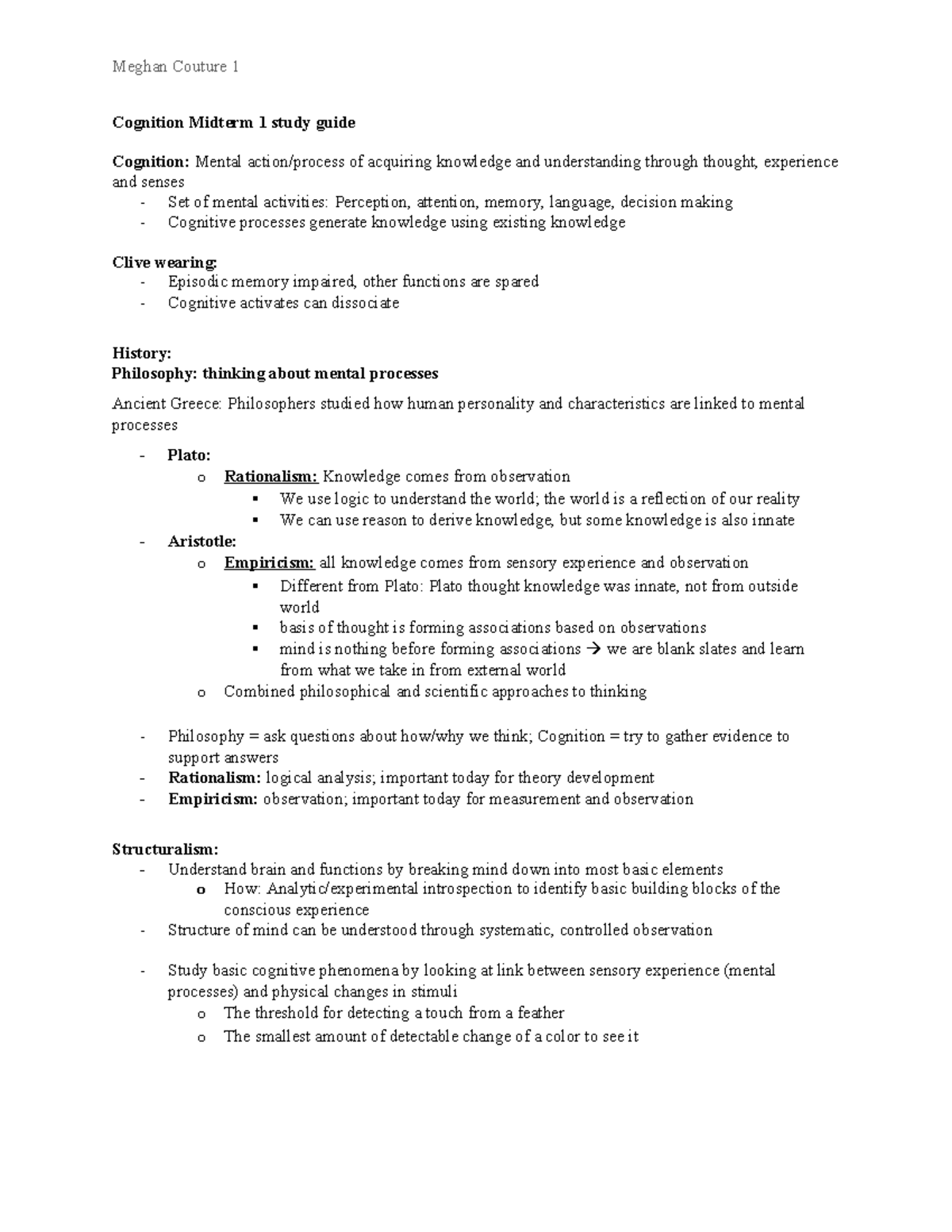 Cognition 1: Midterm Study Guide on Mental Processes and Theories - Studocu