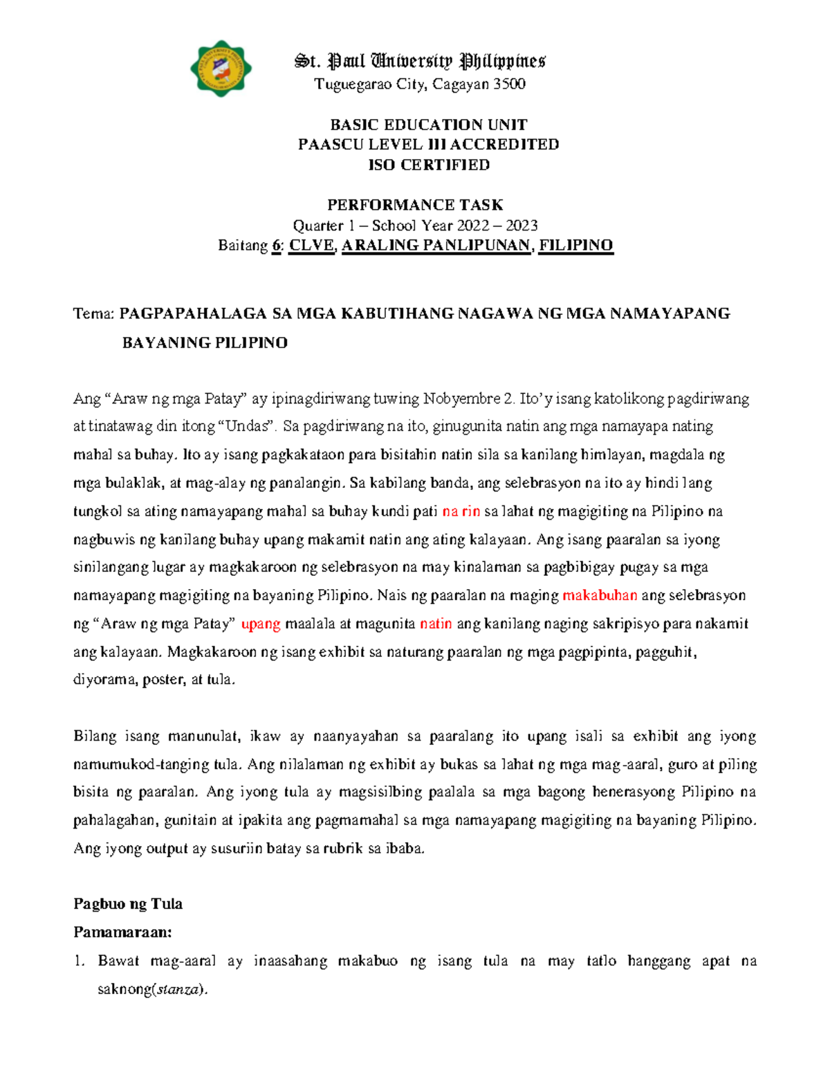1st quarter PETA FOR CLVE AP AND Filipino 6 SY 2022 2023 - St. Paul ...