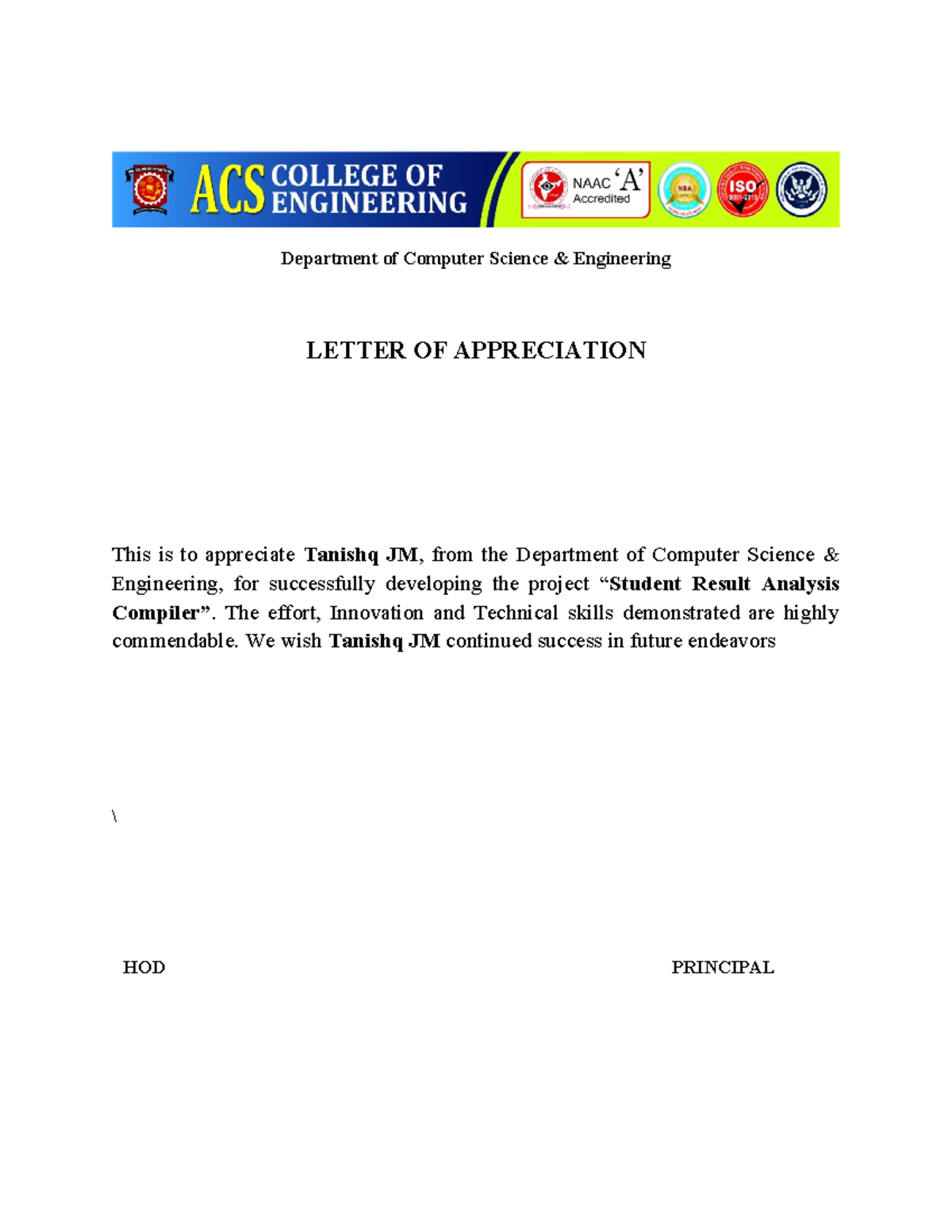 Appreciation letter tanishq - Computer Science and Engineering ...