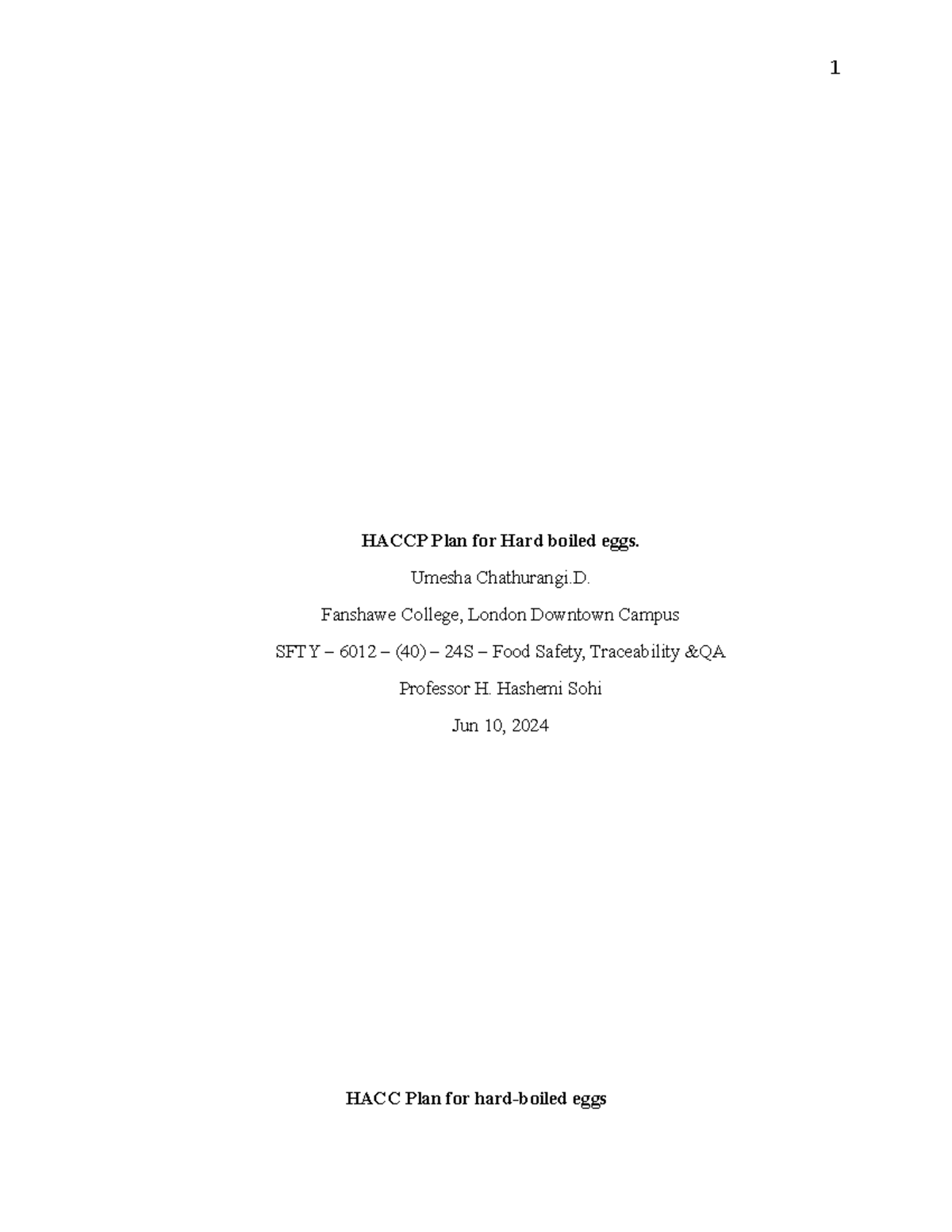 Midterm Project 1 - HACCP Plan for Hard Boiled Eggs SFTY 6012 - Studocu
