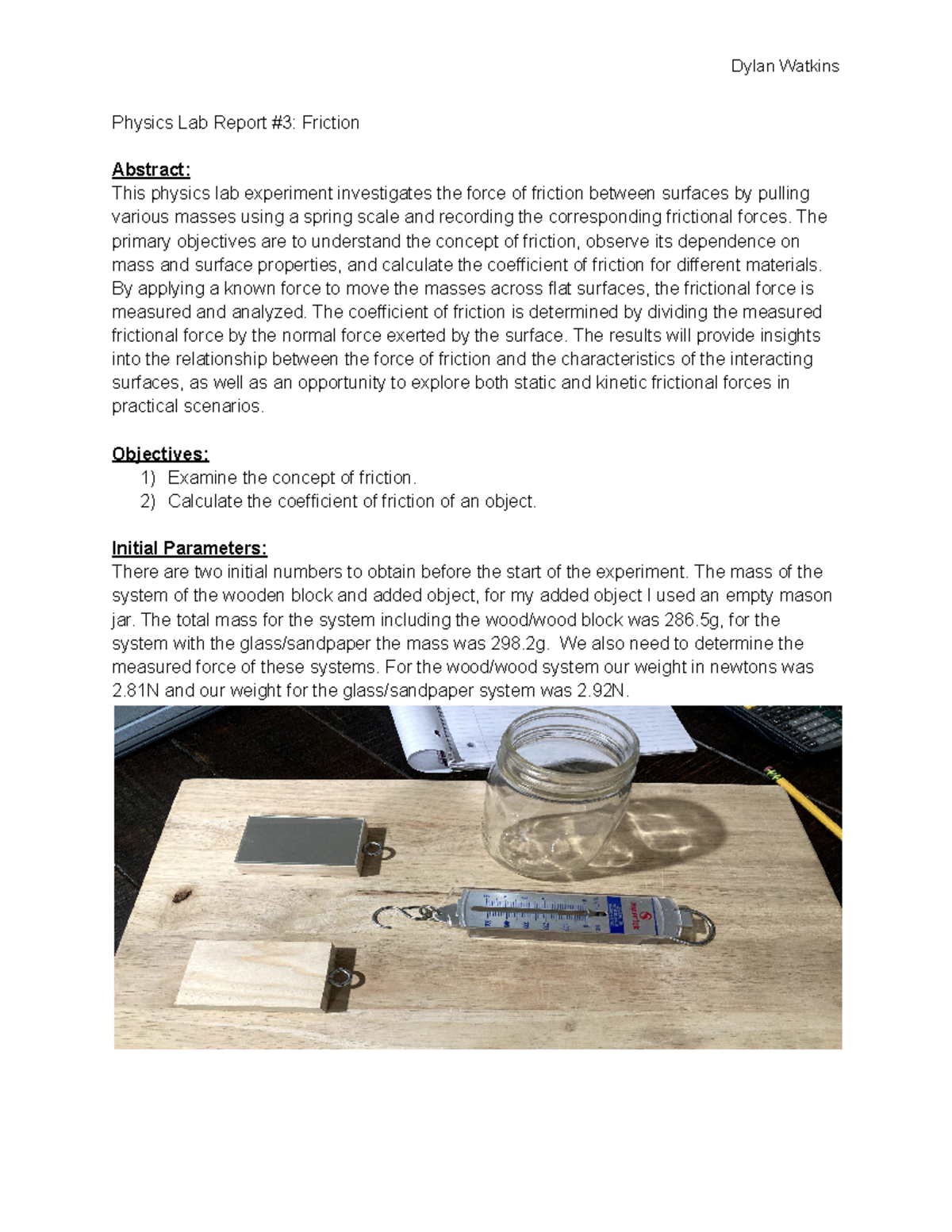Physics Lab Report #3 Friction - Physics Lab Report #3: Friction ...