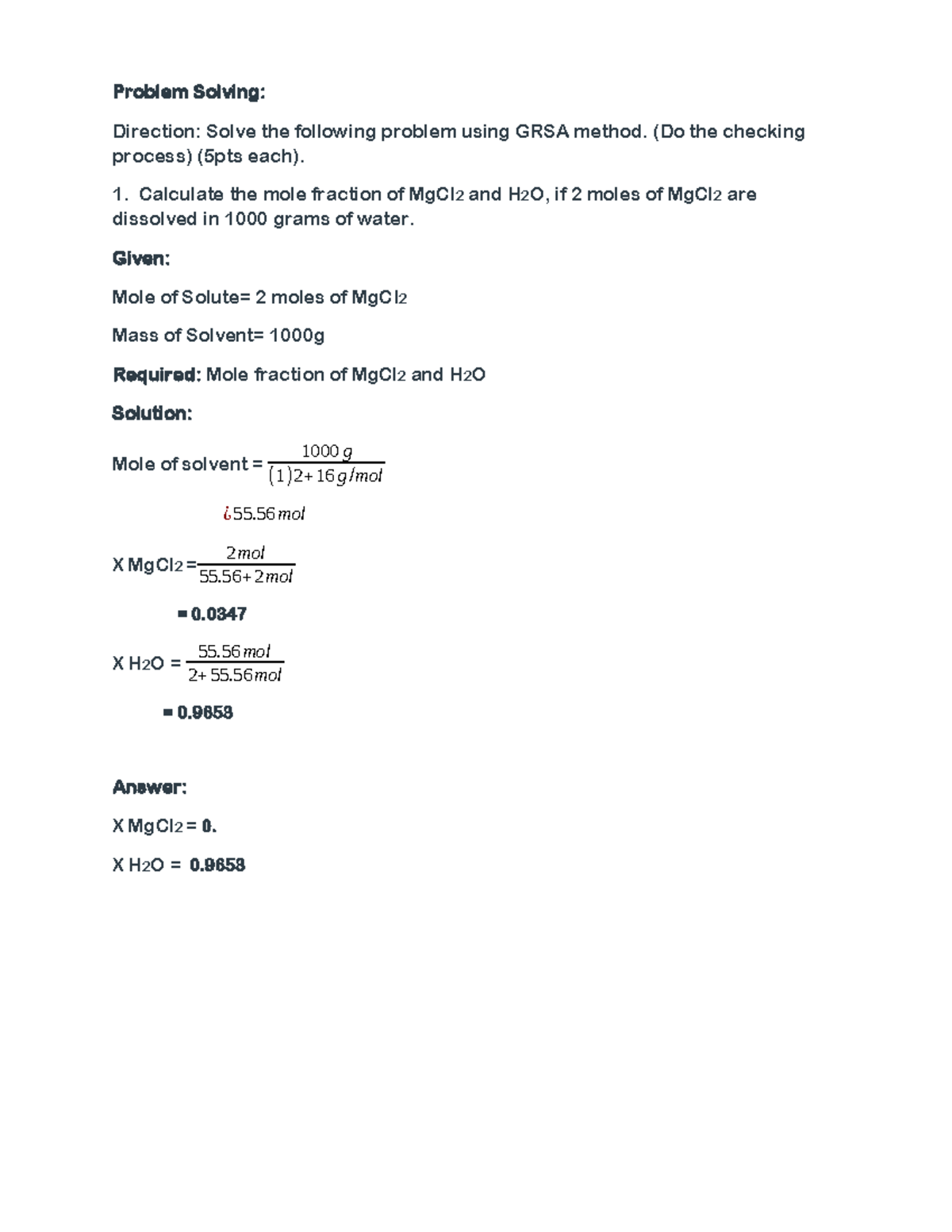 Mole Fraction Calculation in Solution: GRSA Method Example - Studocu