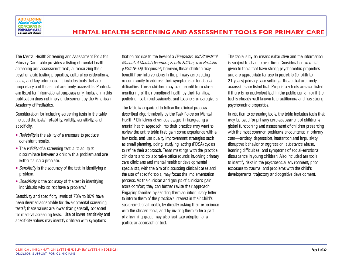 Mental Health Assessment Tools for Primary Care: Overview and ...