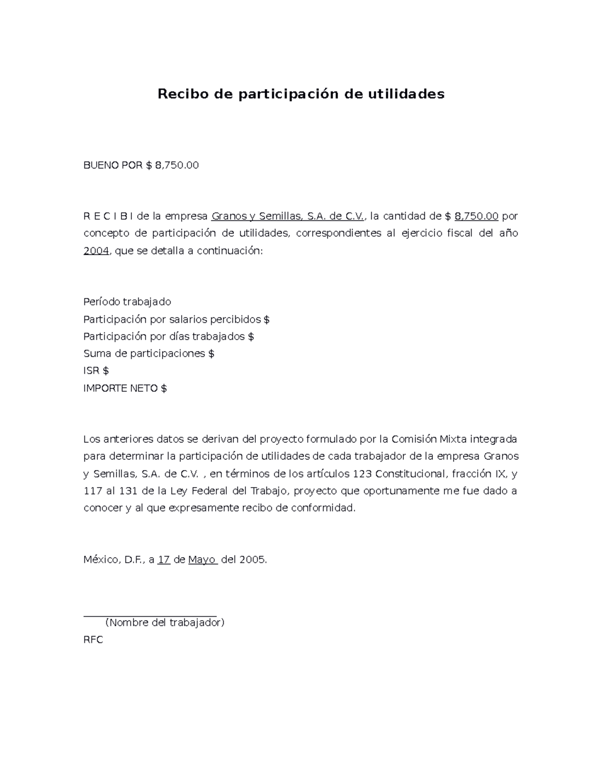Recibo Pago Ptu Recibo De Participación De Utilidades Bueno Por