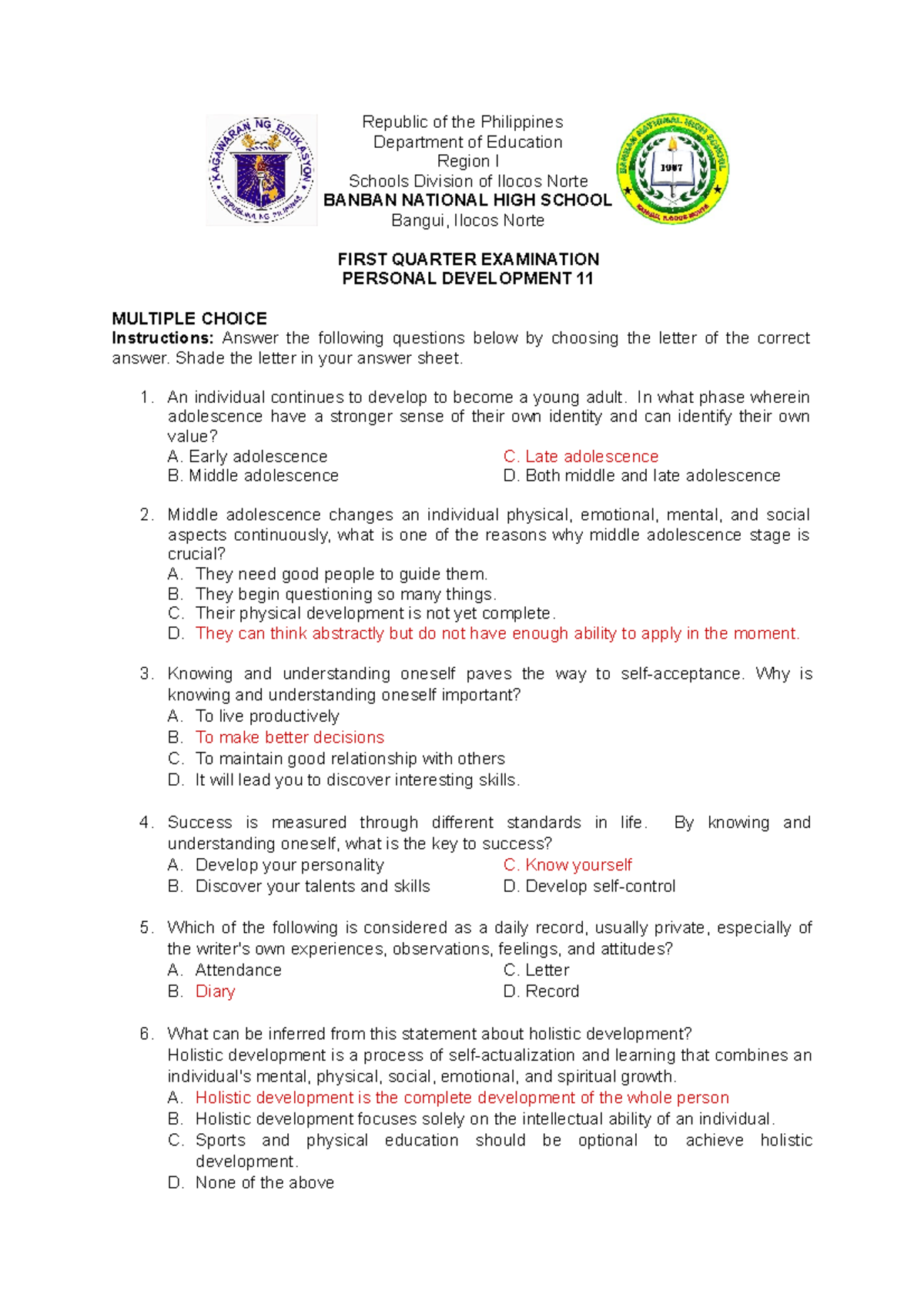 Perdev 11 Q1 Exam - Personal Development First Quarter Assessment - Studocu