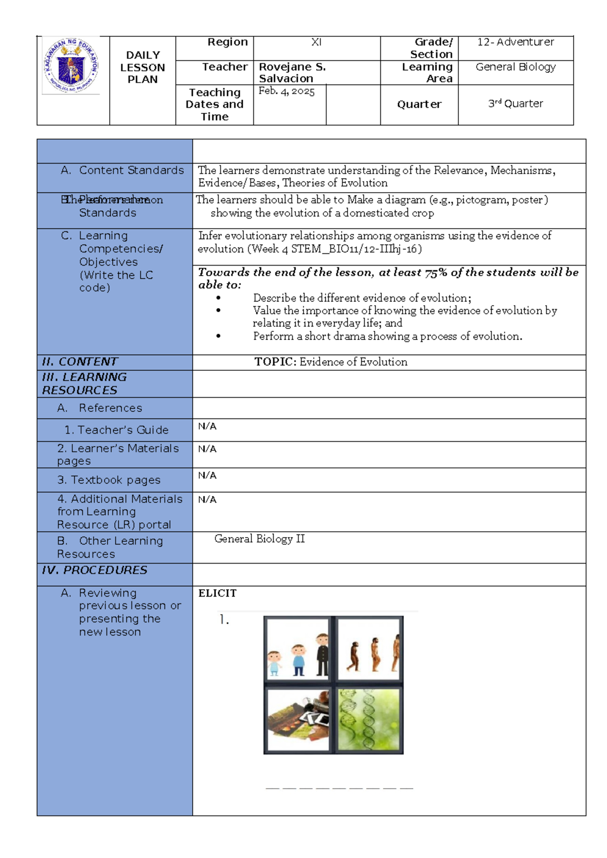 Lesson Plan: Evidence of Evolution in General Biology (STEM_BIO11/12 ...