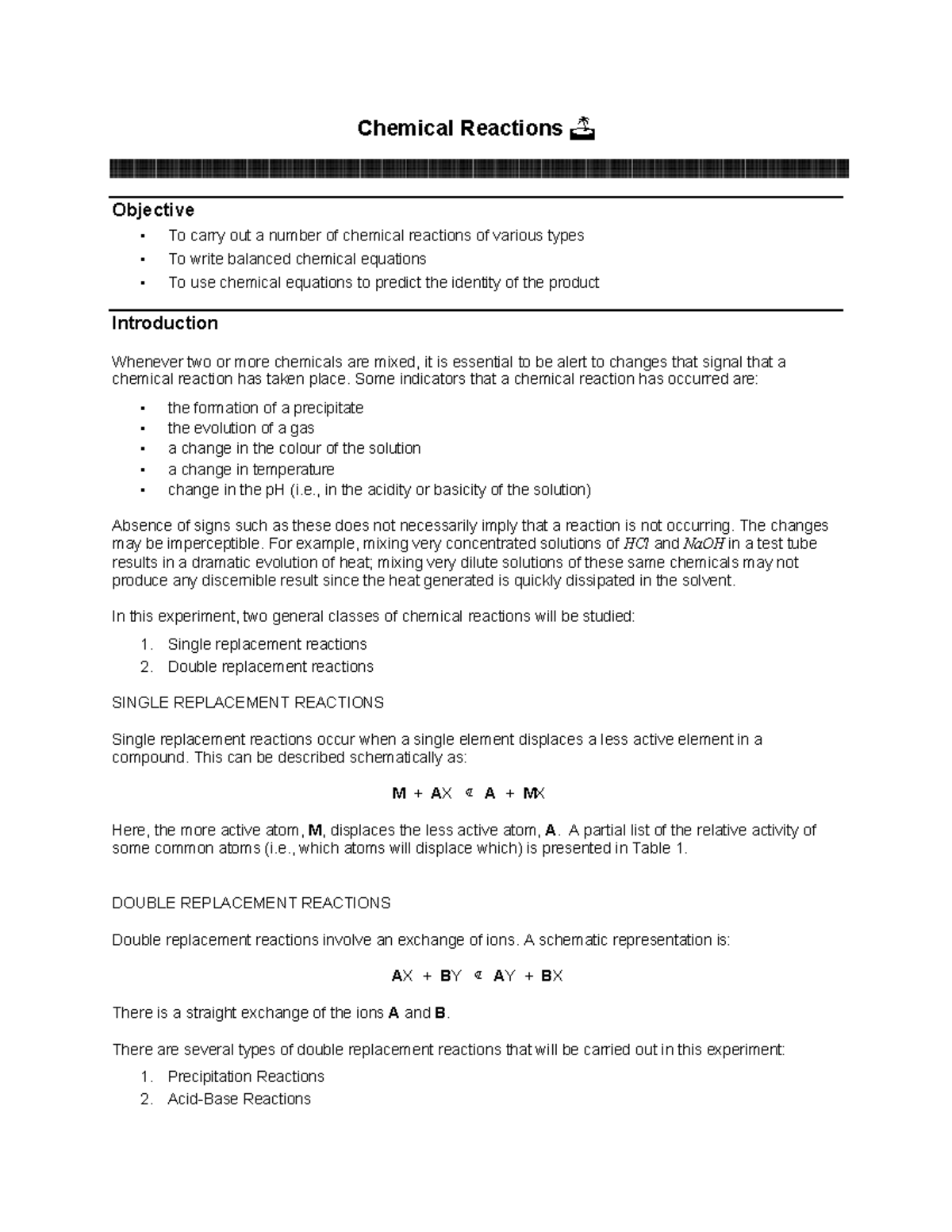 Chemical Reactions Lab Report (F2024) - Single & Double Replacement ...
