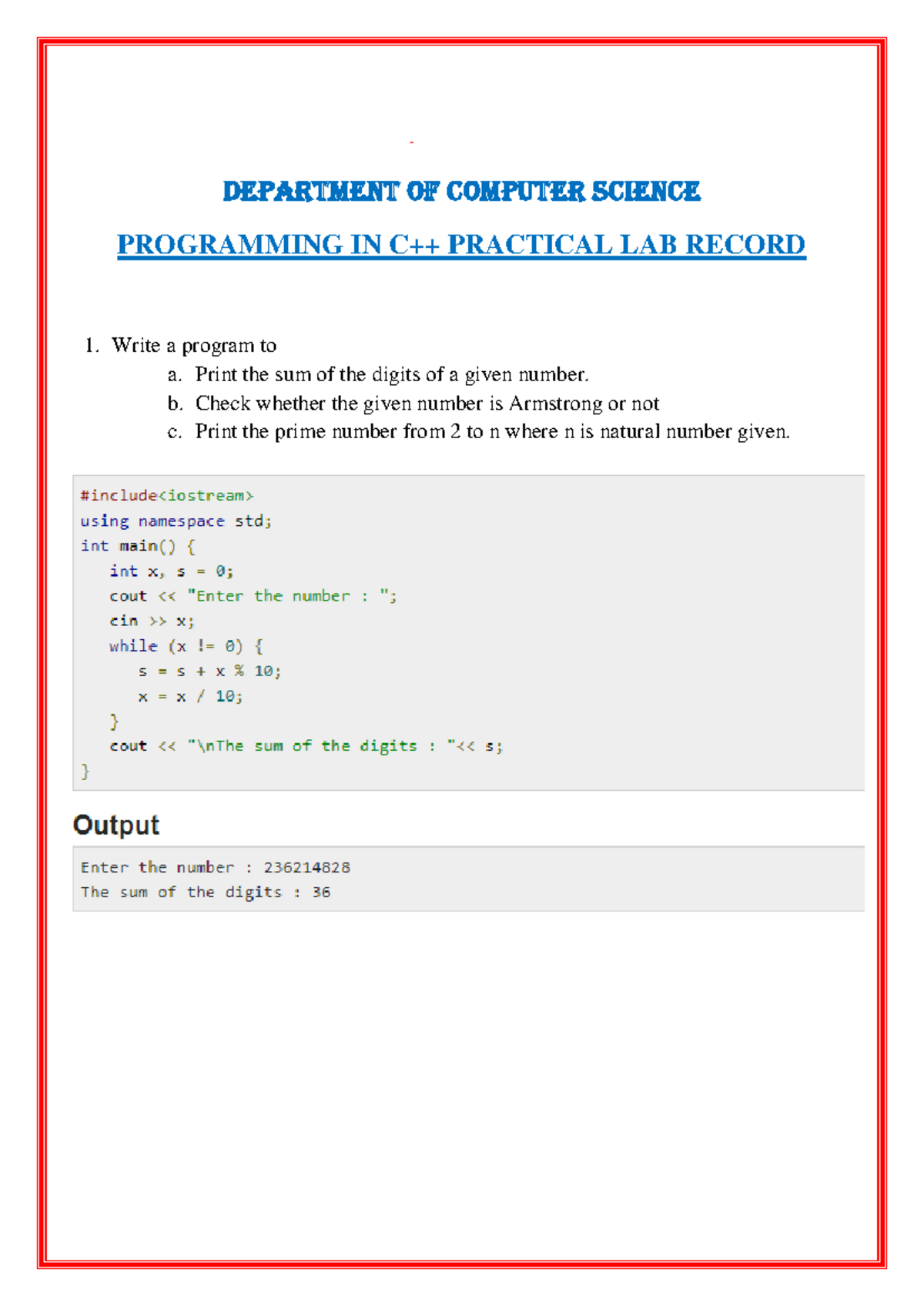 C++ LAB Record for BSC Computer Science - Practical Programming Tasks - Studocu