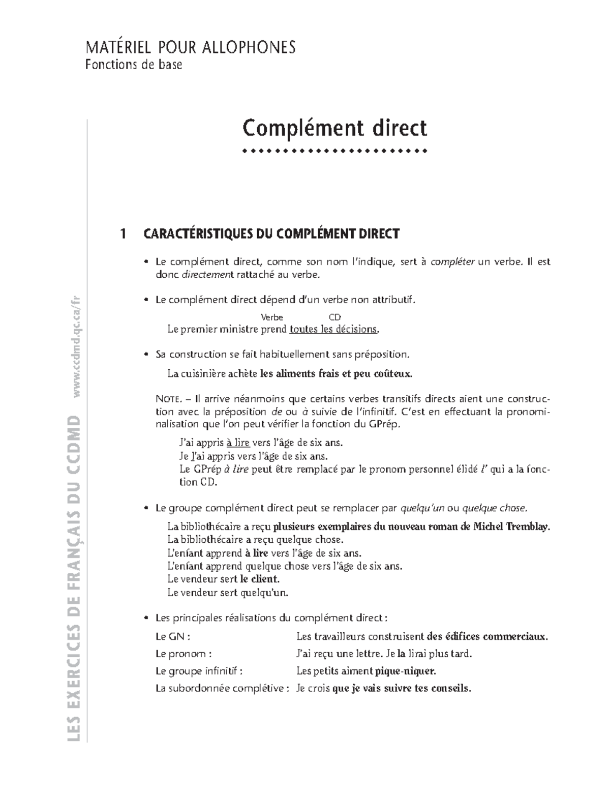 Complément Direct et Ses Fonctions : Notes et Exercices (Dire 101 ...
