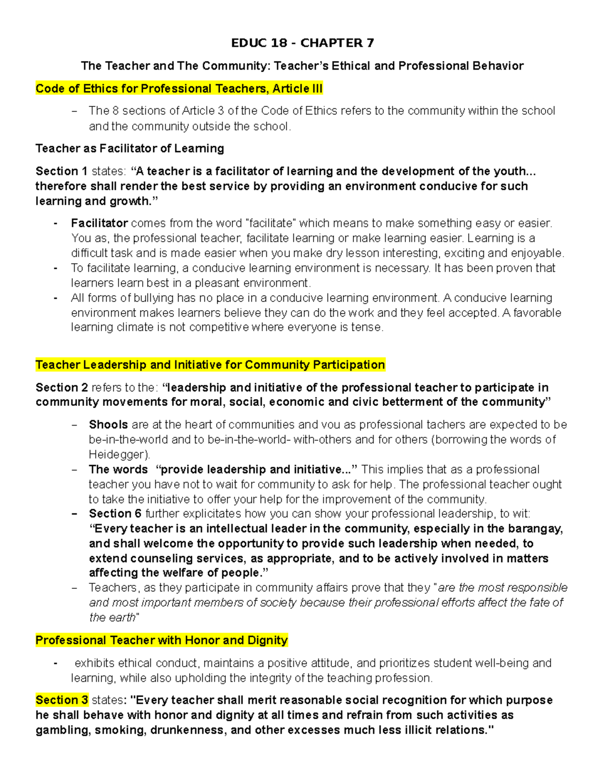 EDUC 18 CHAPTER 7: Teacher's Role in Community & Ethics - Studocu