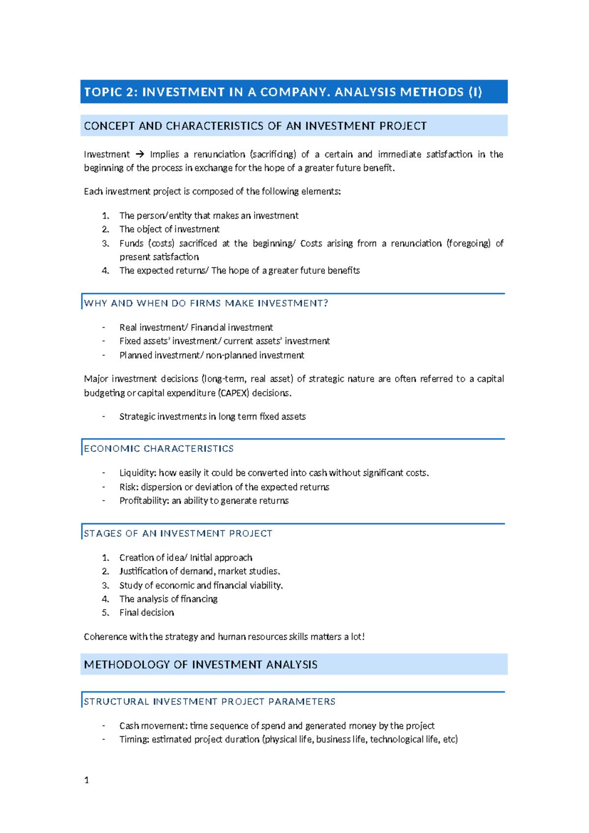 Investment Analysis Methods: Concepts & Characteristics (FIN 101) - Studocu