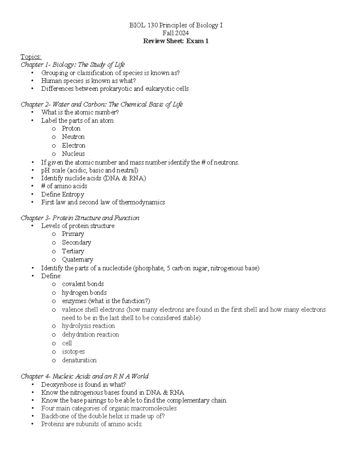 BIOL 130 Fall 2024 Exam 1 Review Sheet: Key Topics & Concepts - Studocu