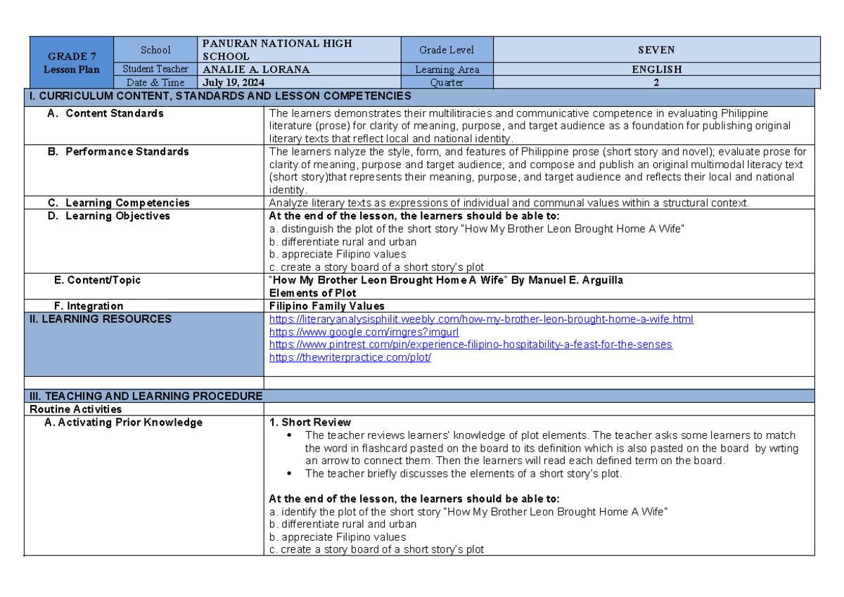 Lesson Exemplar - Will be used for Teachers in DepEd - GRADE 7 Lesson ...