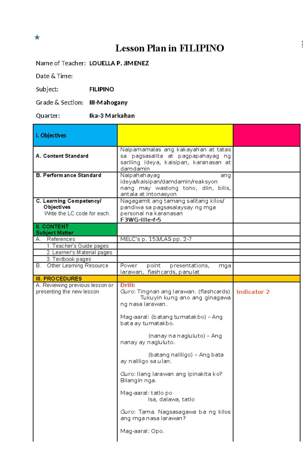 Lesson Plan for Filipino 3: Pandiwa - Ika-3 Markahan - Studocu