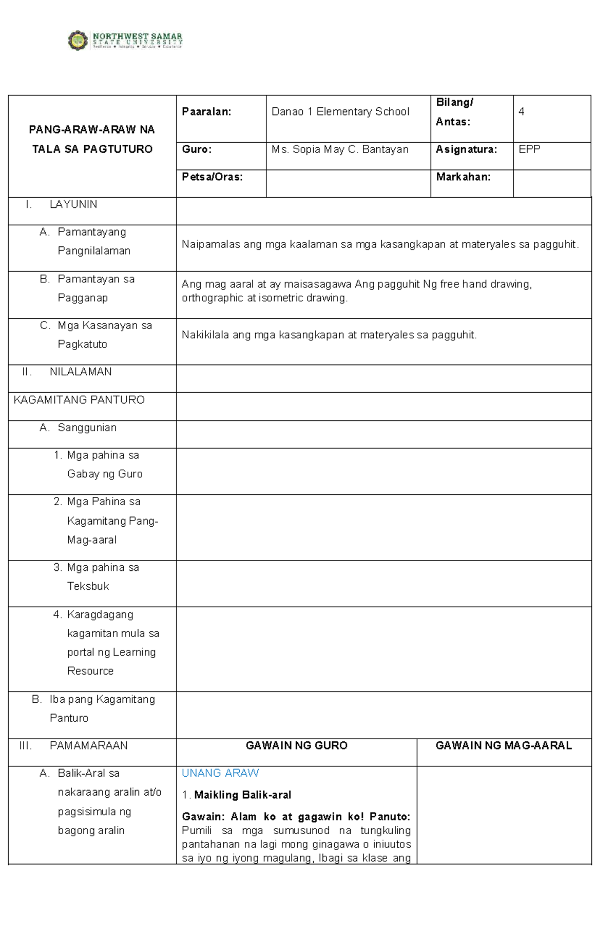 EPP 4 Lesson Plan: Pagguhit at Mga Kasangkapan sa Pagtuturo - Studocu