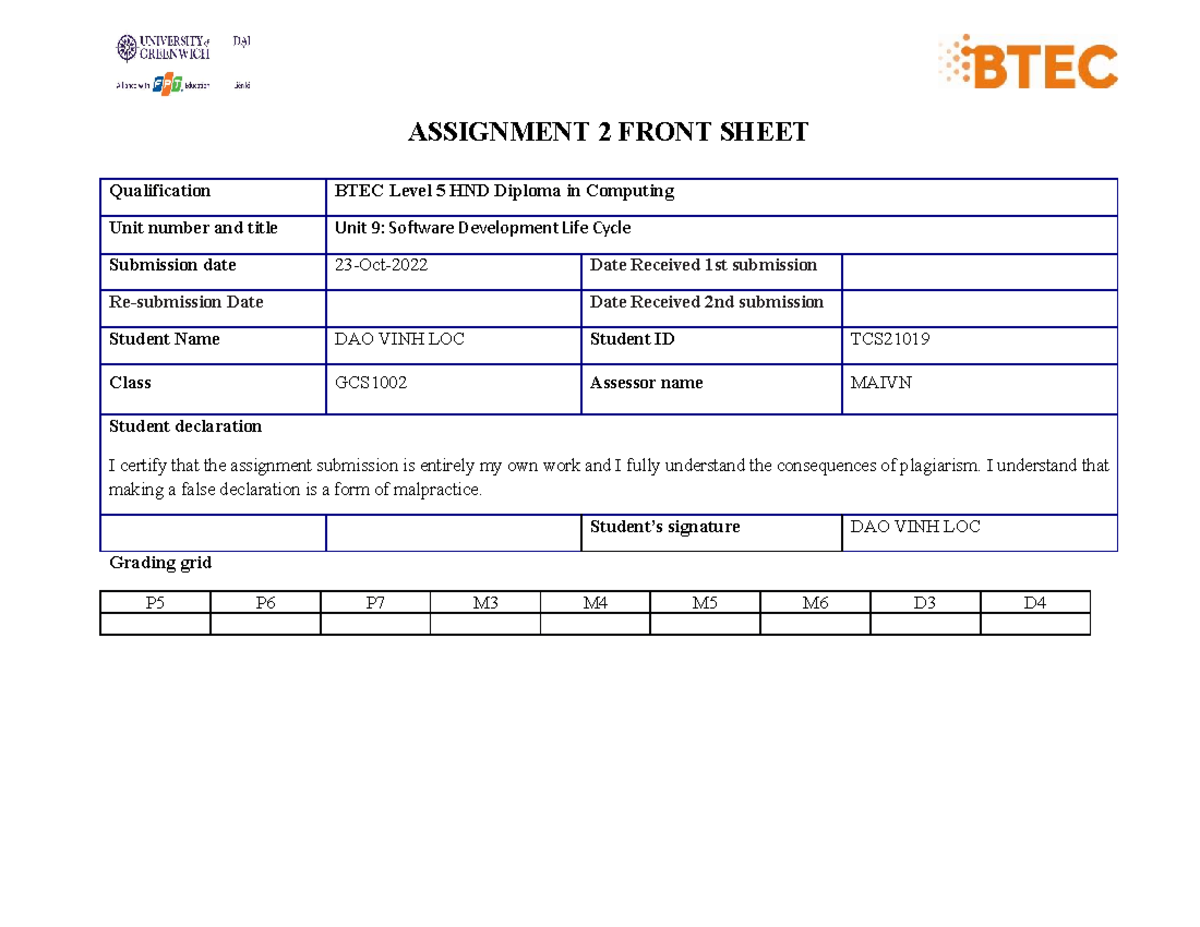SDLC - Assignment 2 Frontsheet - ASSIGNMENT 2 FRONT SHEET Qualification BTEC Level 5 HND Diploma ...