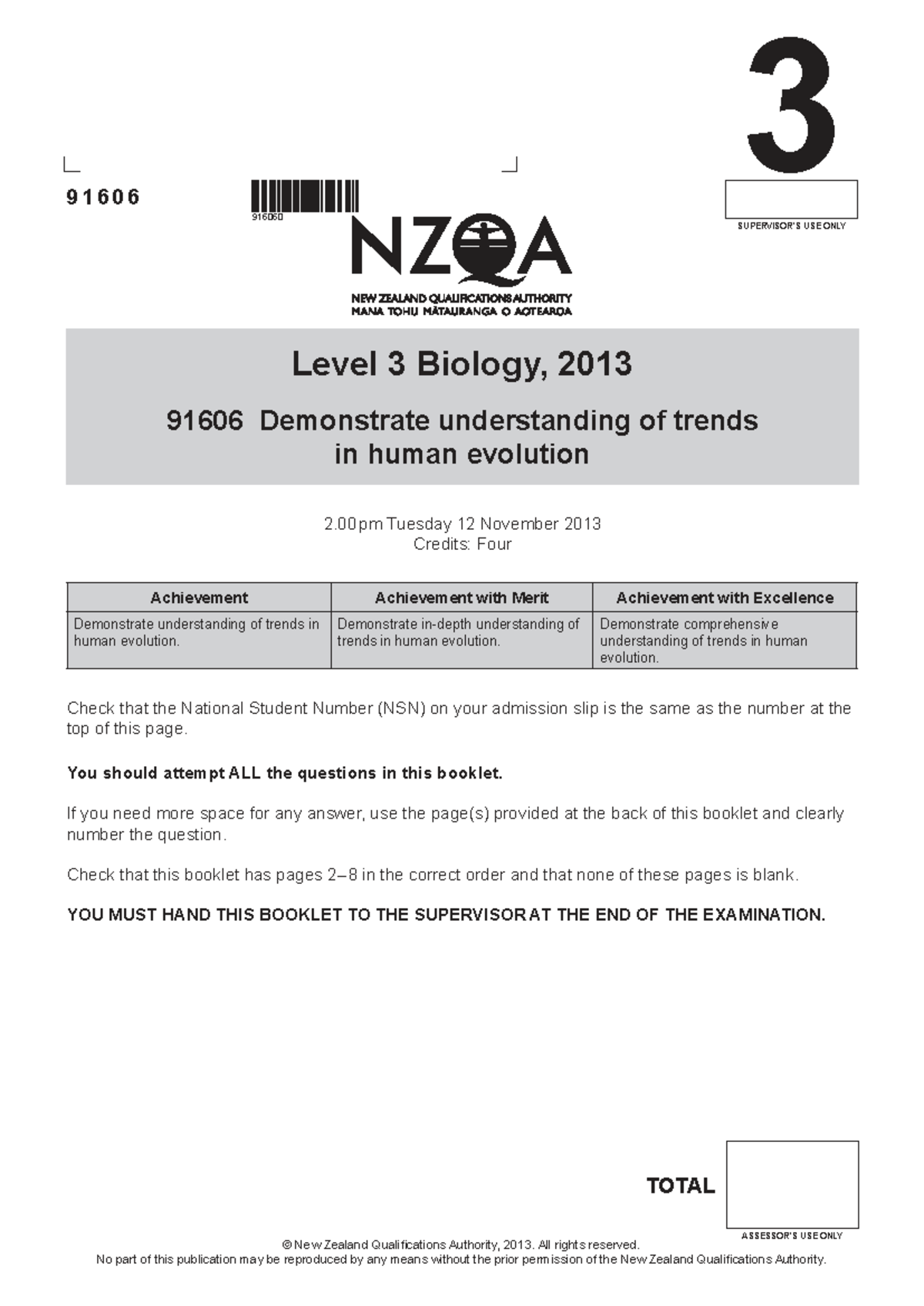 Biology 91606 Level 3 2013 Human Evolution Practice Paper - Studocu
