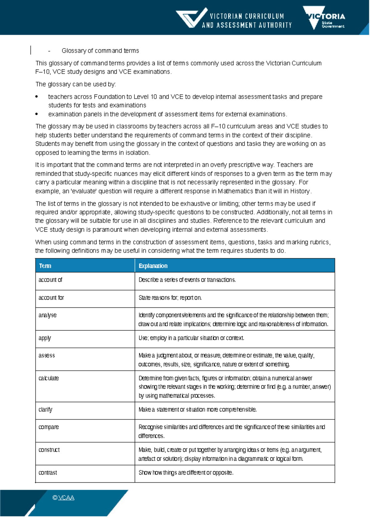 VCE Glossary of Command Terms for Curriculum Assessment - Studocu