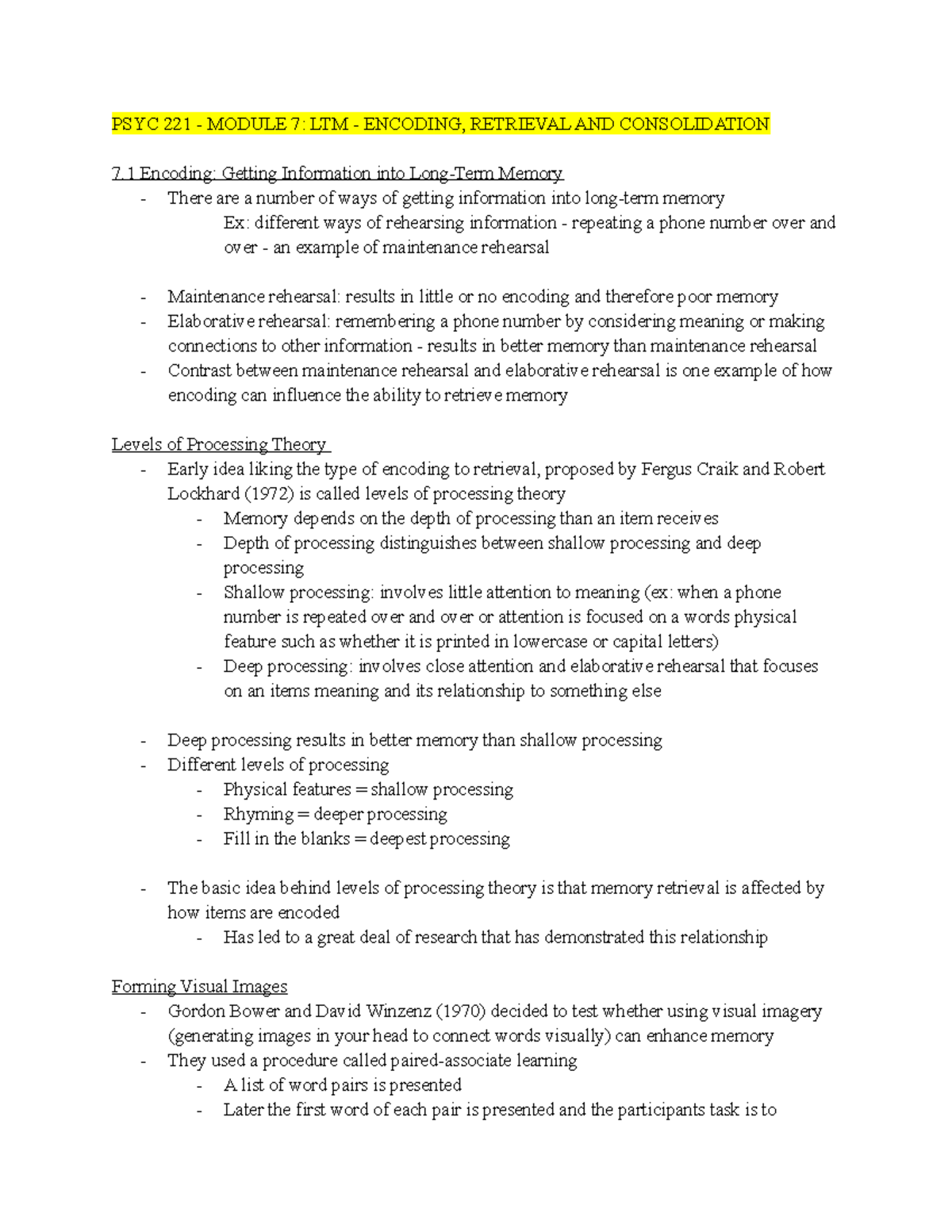 PSYC 221 - Module 7: LTM Encoding, Retrieval, and Consolidation ...