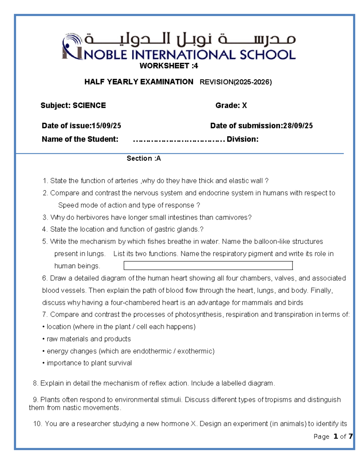 WORKSHEET: SCIENCE HALF YEARLY EXAM GRADE X - Studocu