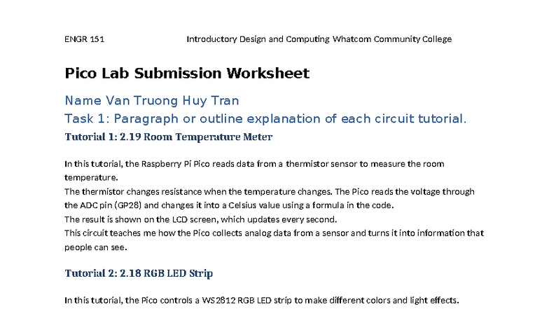 ENGR 151 Pico Lab Submission: Circuit Tutorials & Insights - Studocu
