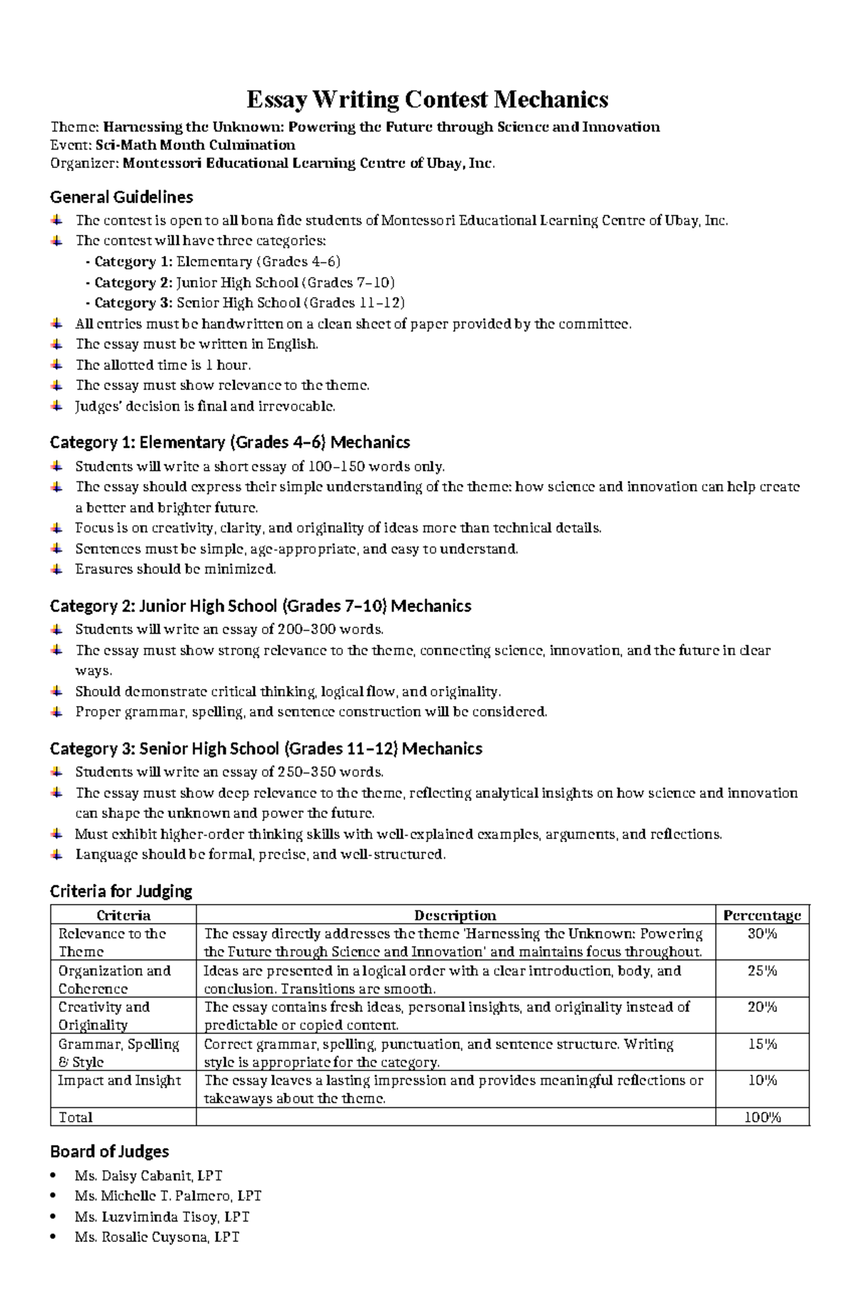 Essay Writing Contest Mechanics: Harnessing the Unknown Theme - Studocu
