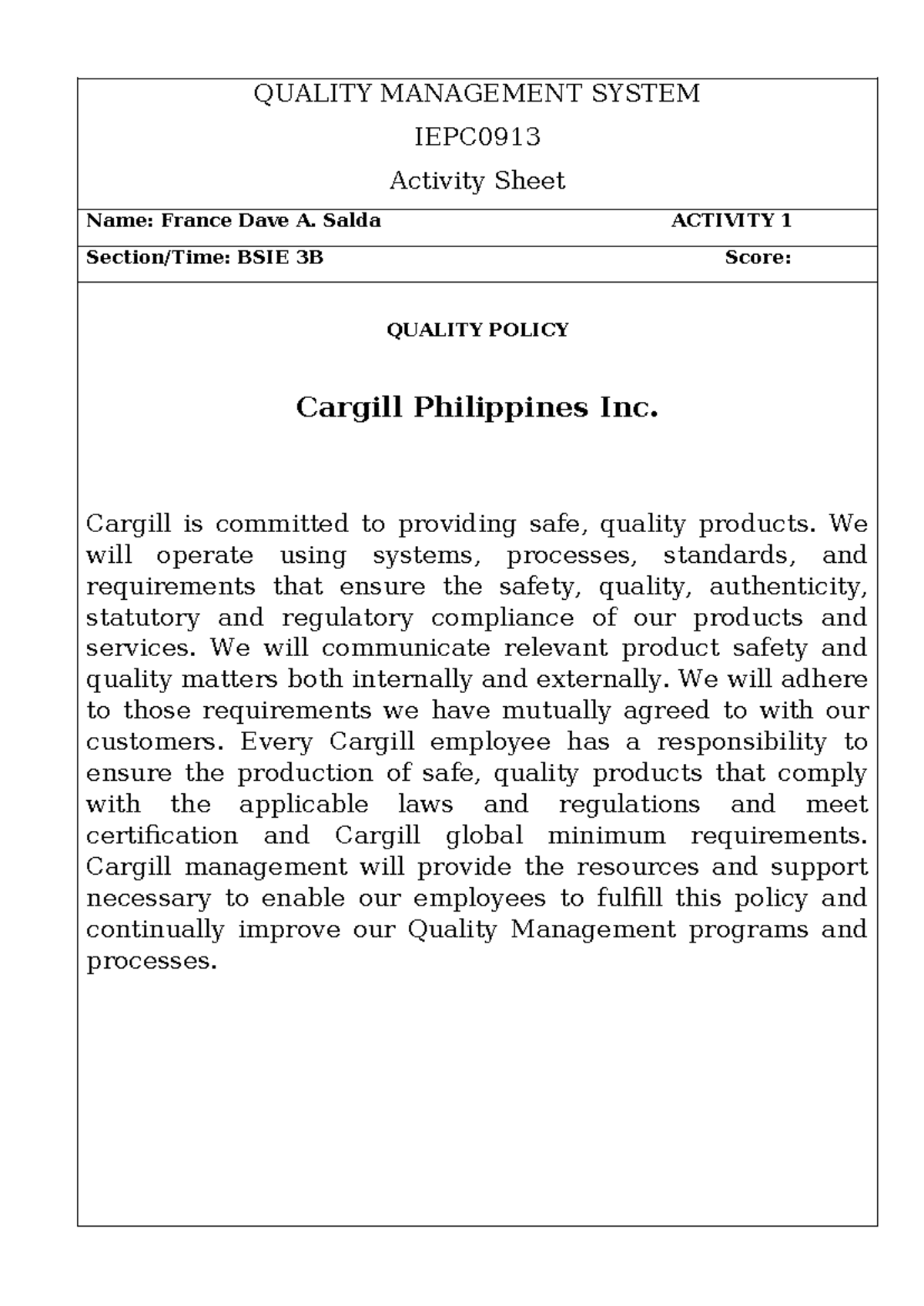 QUALITY MANAGEMENT SYSTEM IEPC0913 Activity Sheet: Cargill Policy - Studocu