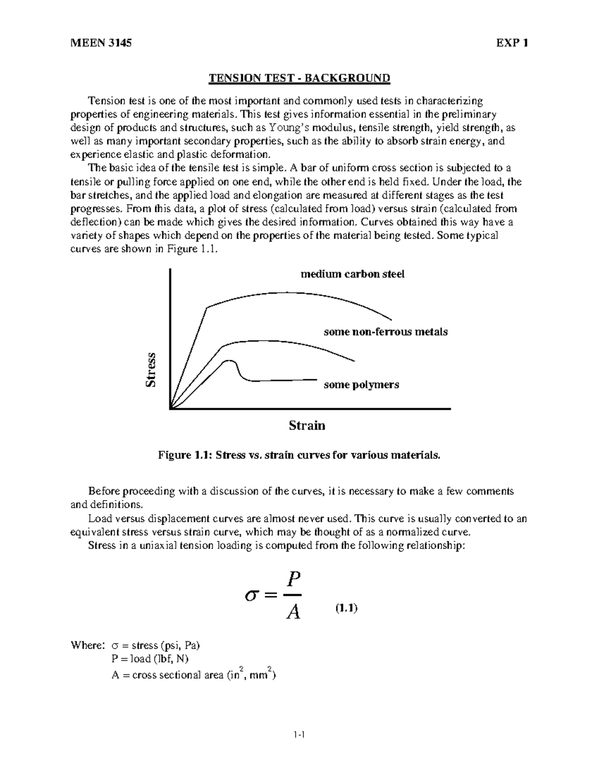MEEN 3145 EXP 1 Tension Test: Background and Procedure - Studocu