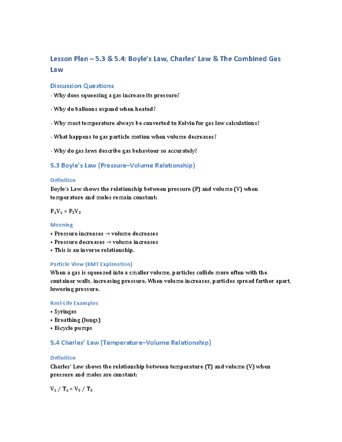 SCH3U1 - Lesson Plan 5.3 & 5.4: Understanding Gas Laws - Studocu
