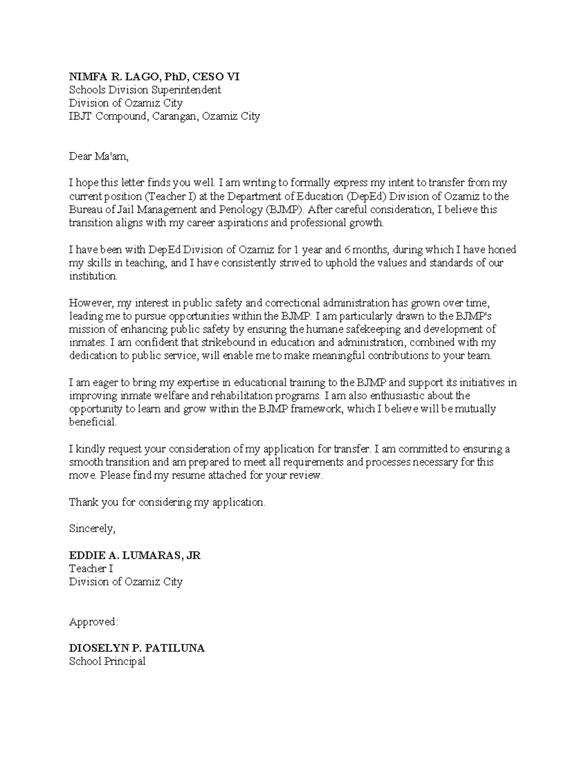 Letter of Intent for Transfer to BJMP - Eddie A. Lumaras, Jr. - Studocu