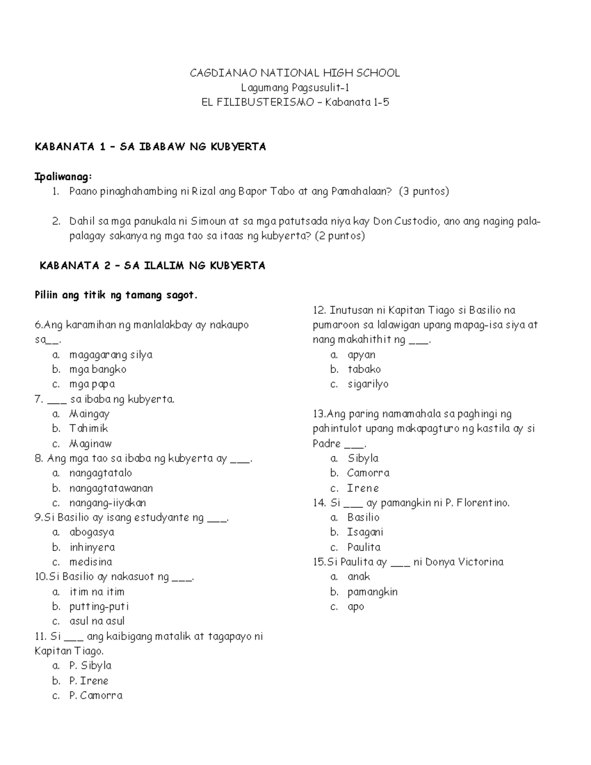 Kabanata 1 at 2 ng EL FILI - Lagumang Pagsusulit - Studocu