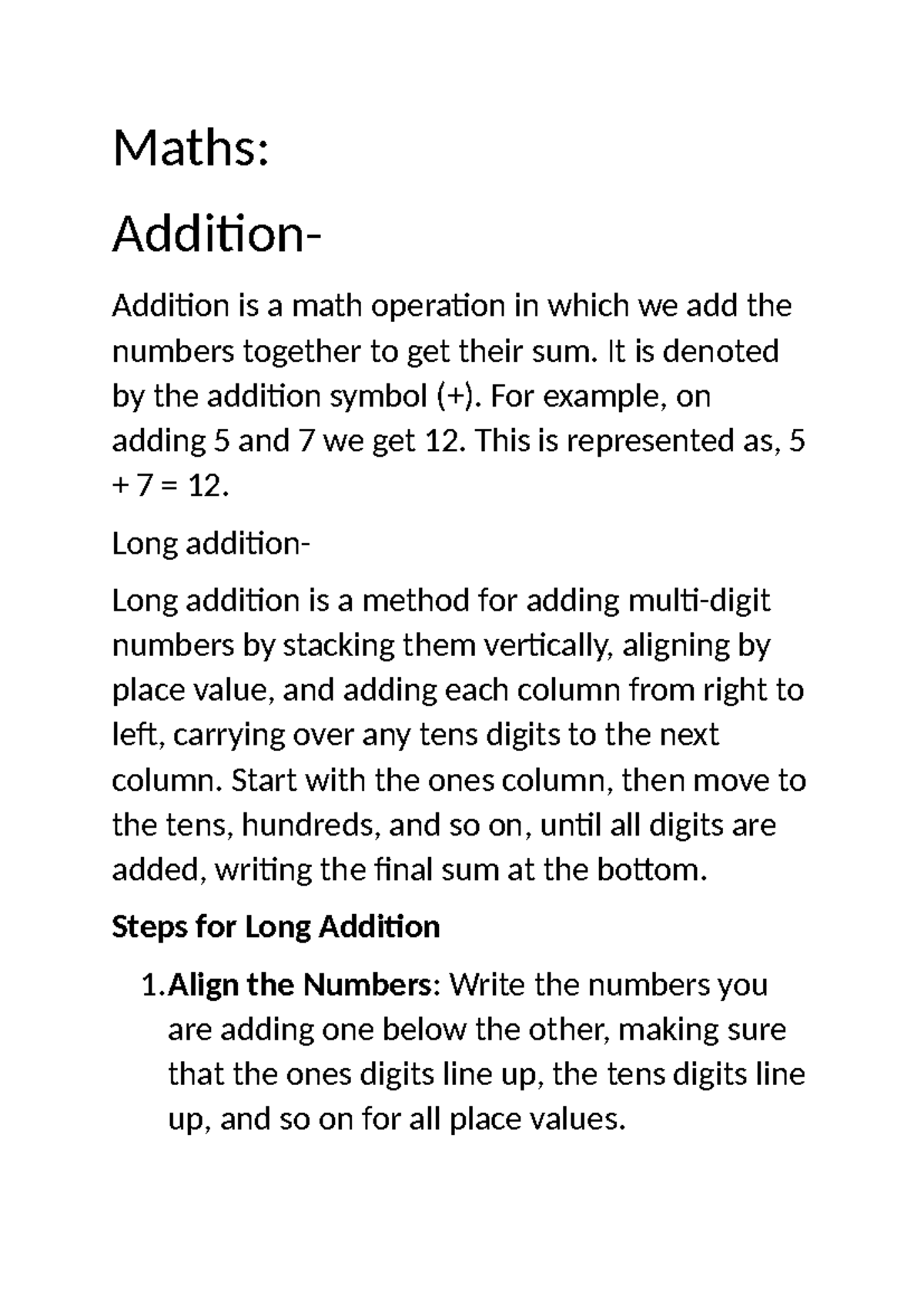Math 101: Understanding Addition and Long Addition Techniques - Studocu