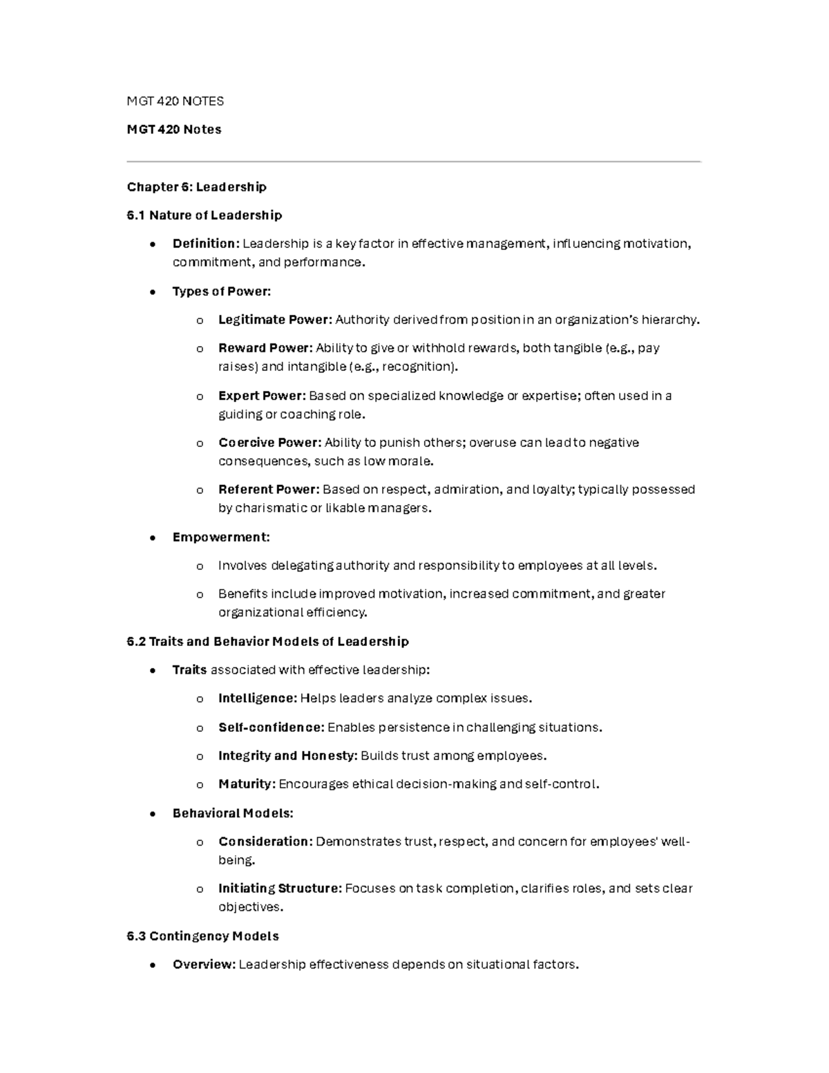 MGT 420 Notes: Leadership, Communication, and Team Dynamics (Chapters 6 ...