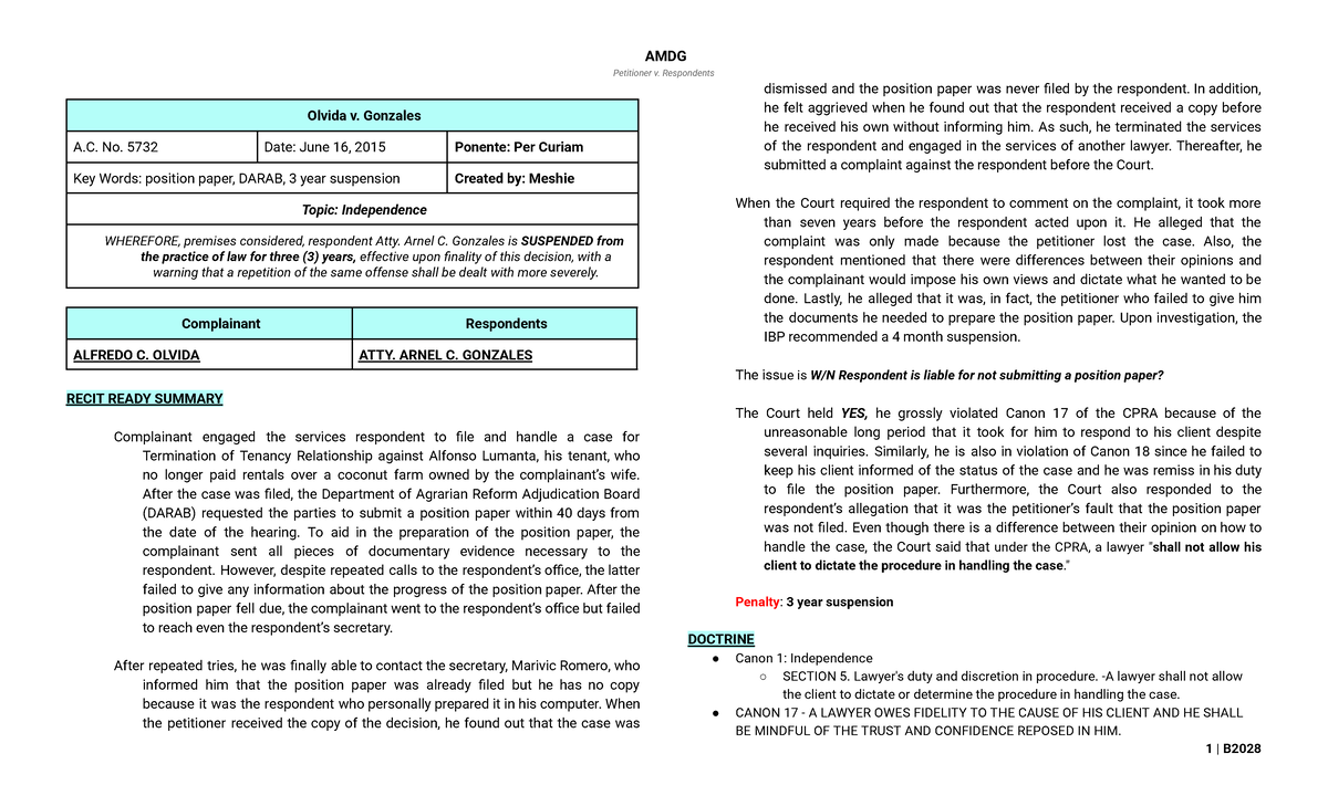 AMDG Case Study: Olvida v. Gonzales (A.C. No. 5732) - 3 Year Suspension ...