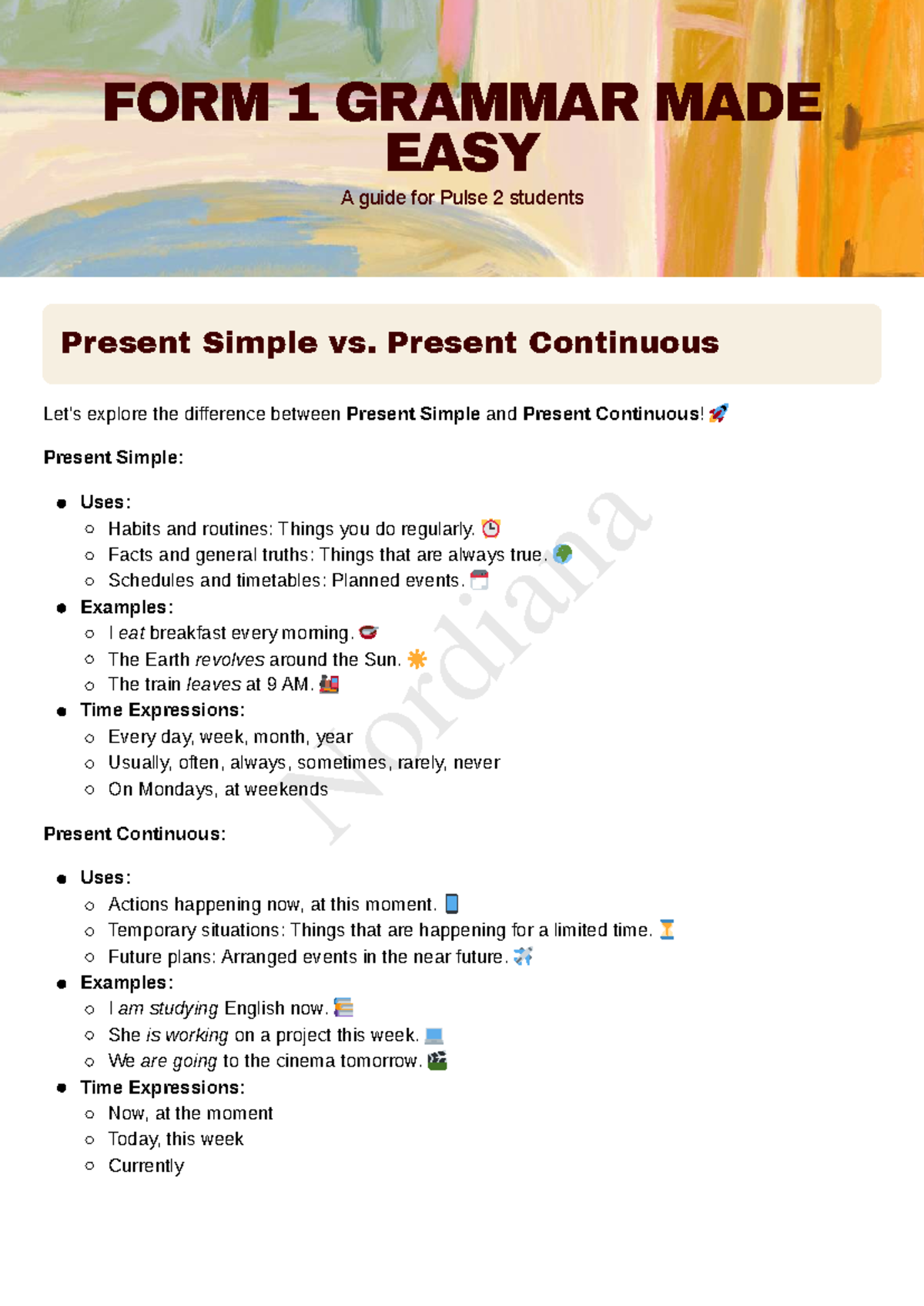 Pulse 2 Form 1 Grammar Made Easy: Present Simple vs. Continuous - Studocu