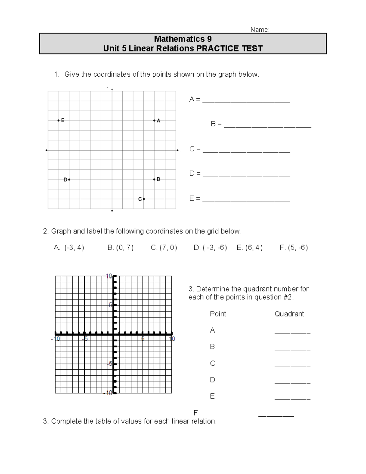 Practice test linear relations - Name: ______________ Mathematics 9 ...