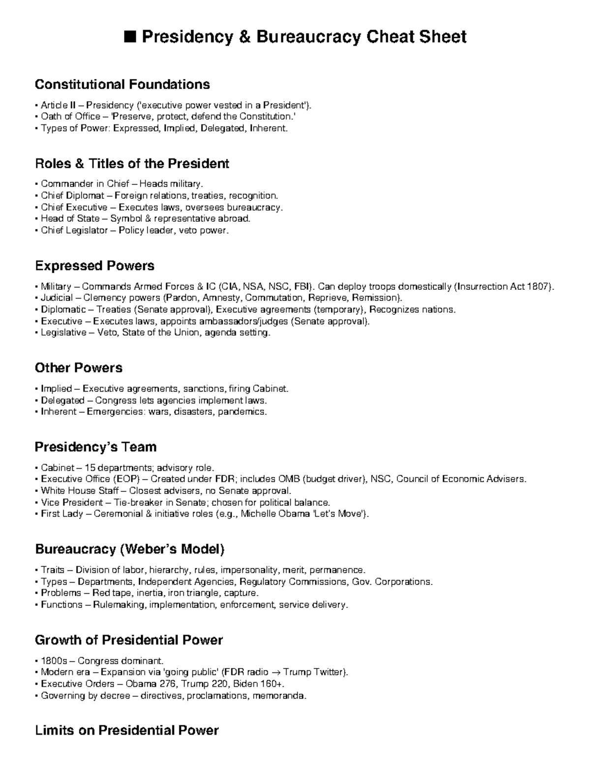 Presidency & Bureaucracy Cheat Sheet: Overview of Exec Power - Studocu
