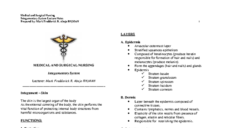 MS Nursing 1: Integumentary System Lecture Notes by Mark Fredderick R ...