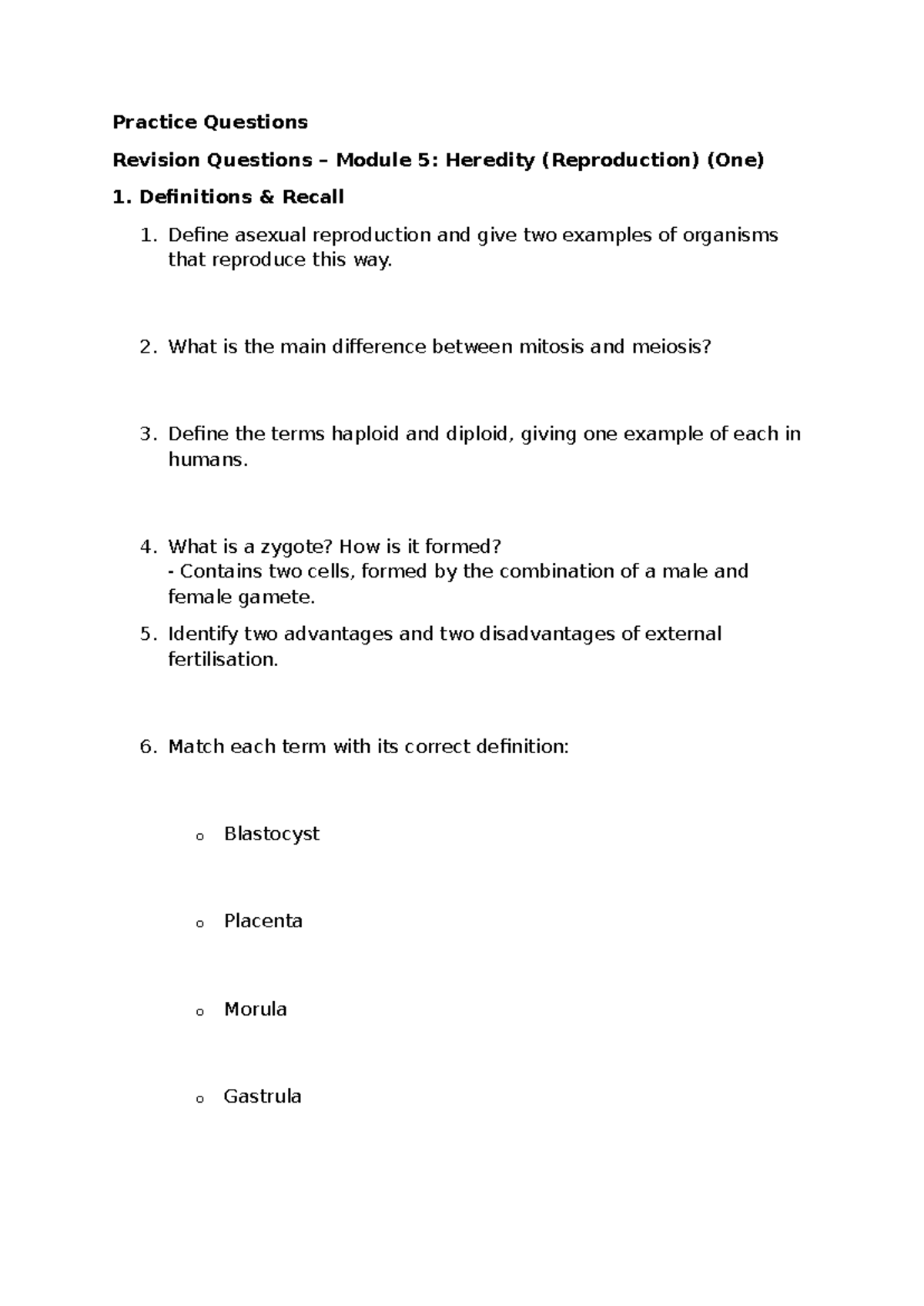 HSC Biology Module 5 Practice Questions: Heredity & Reproduction - Studocu