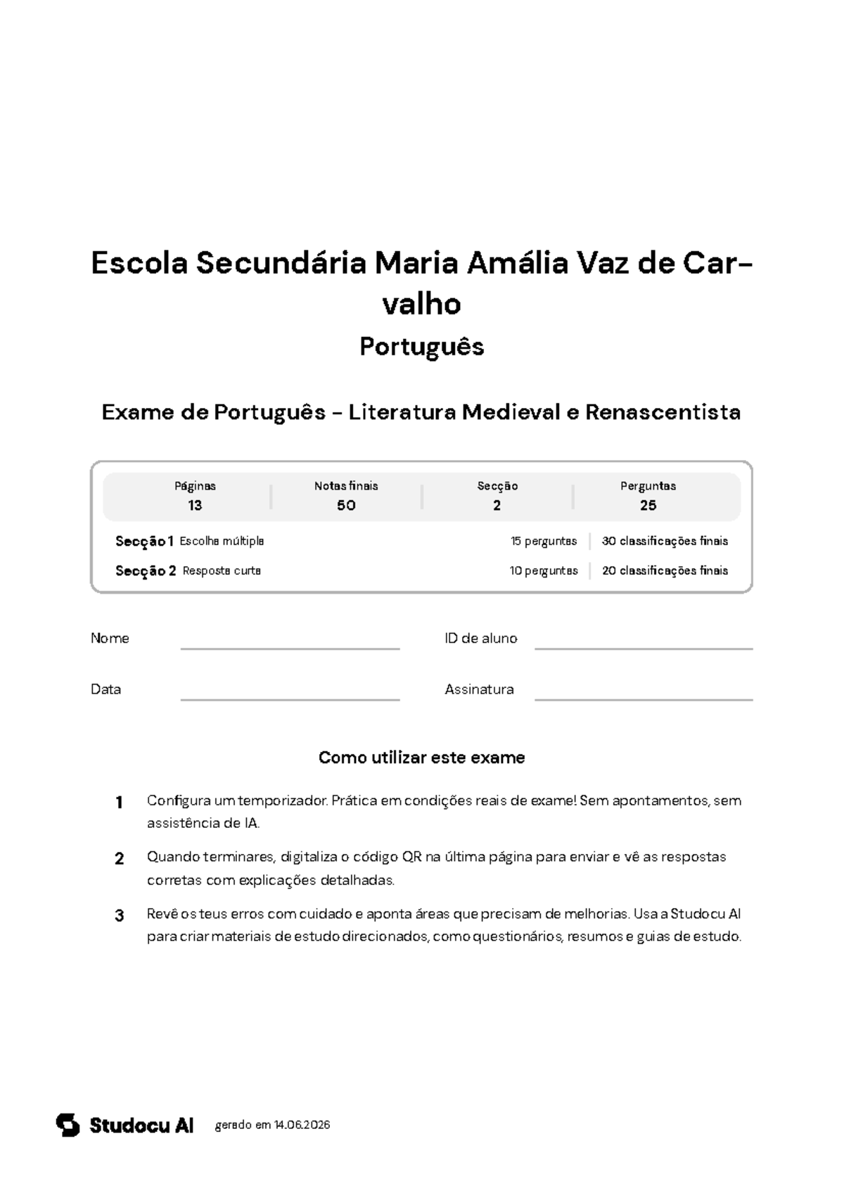 Exame de Português - Literatura Medieval e Renascentista - Studocu