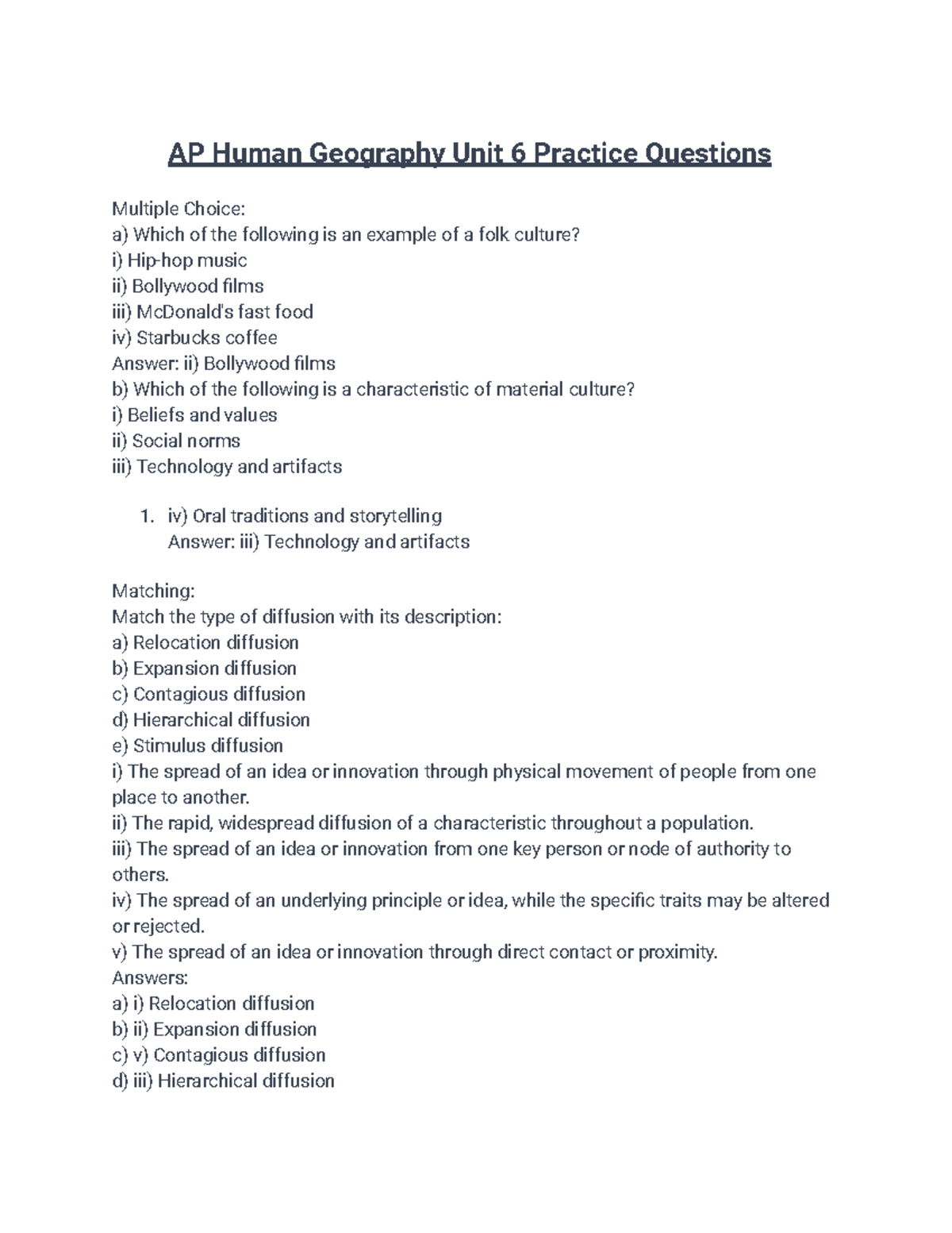 AP Human Geography Unit 6 Practice Questions - AP Human Geography Unit ...
