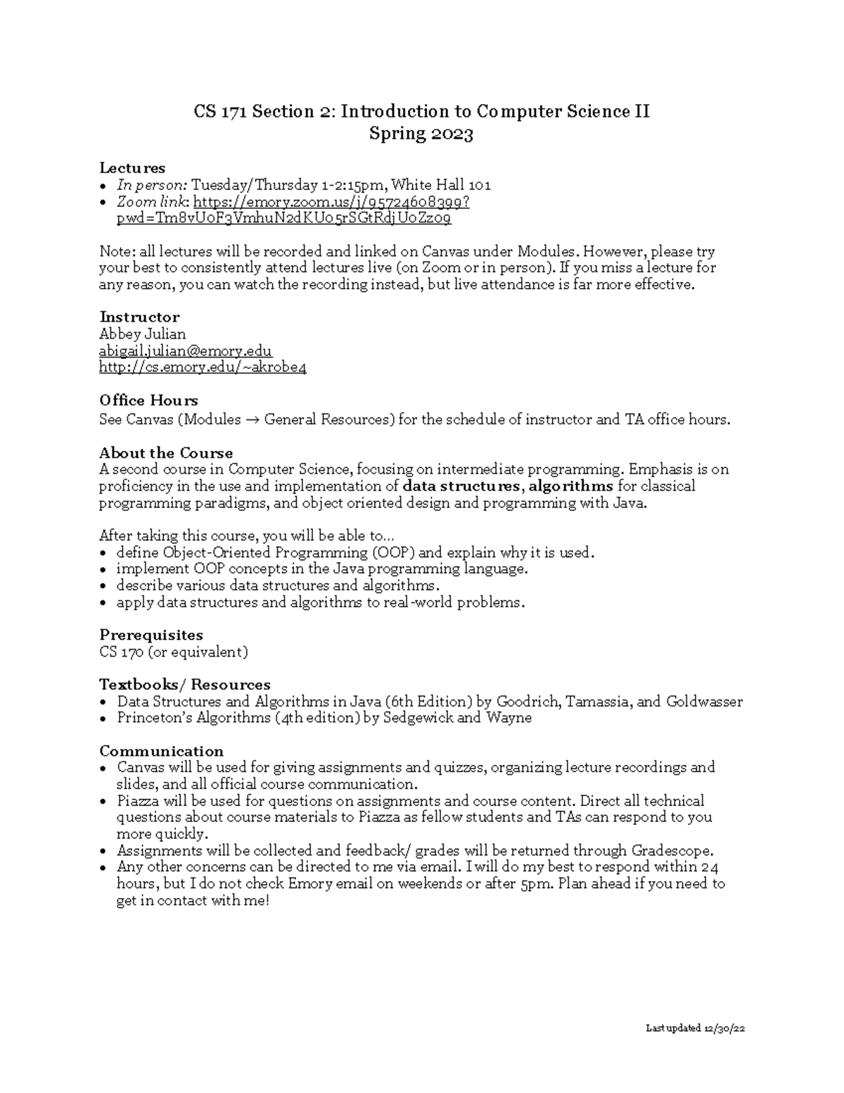 CS171 Spring 2023 Syllabus: Intro to Computer Science II - Studocu